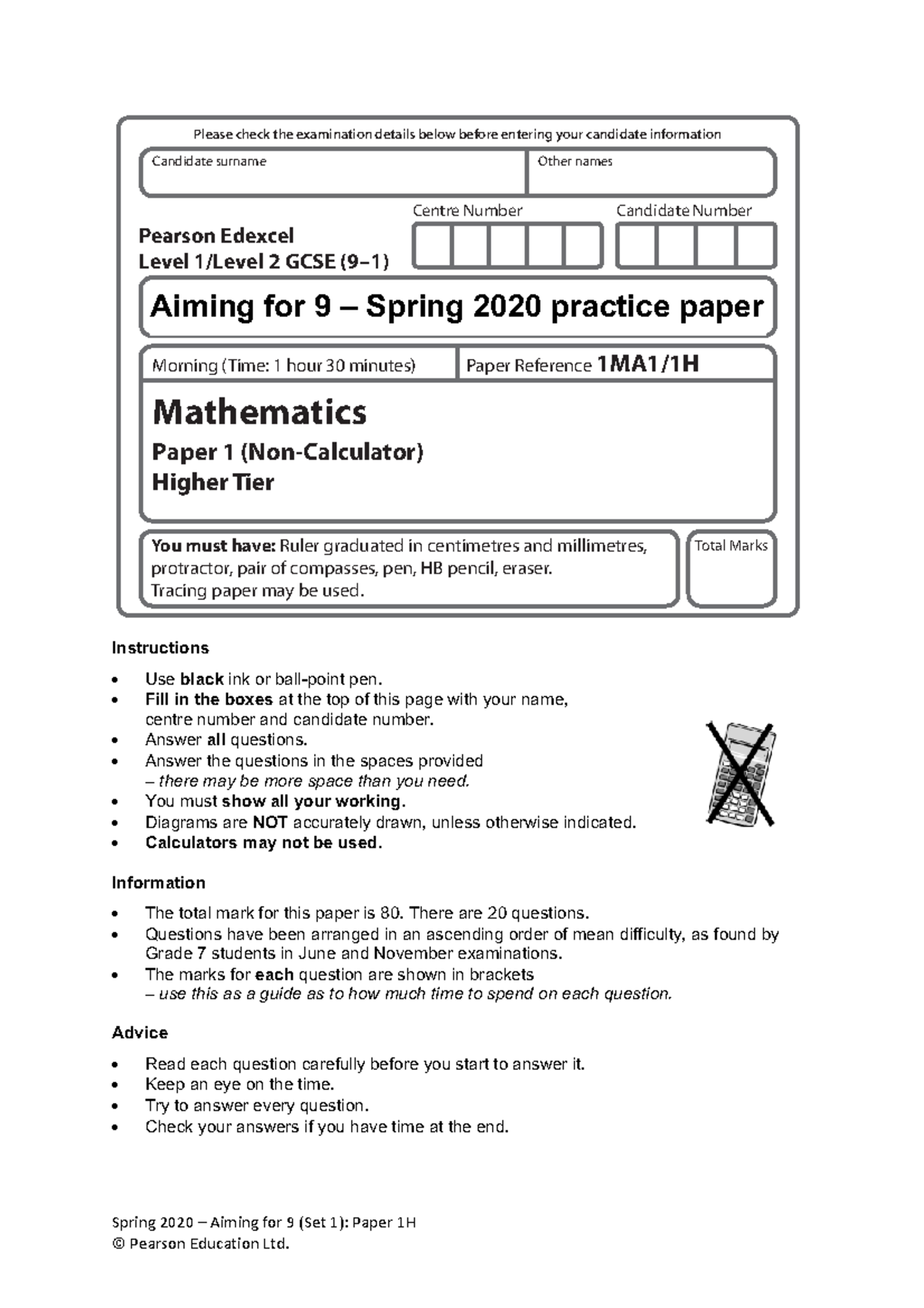 01 1MA1 1H - Aiming for 9 Higher Tier Practice Paper (Set 1) - Studocu