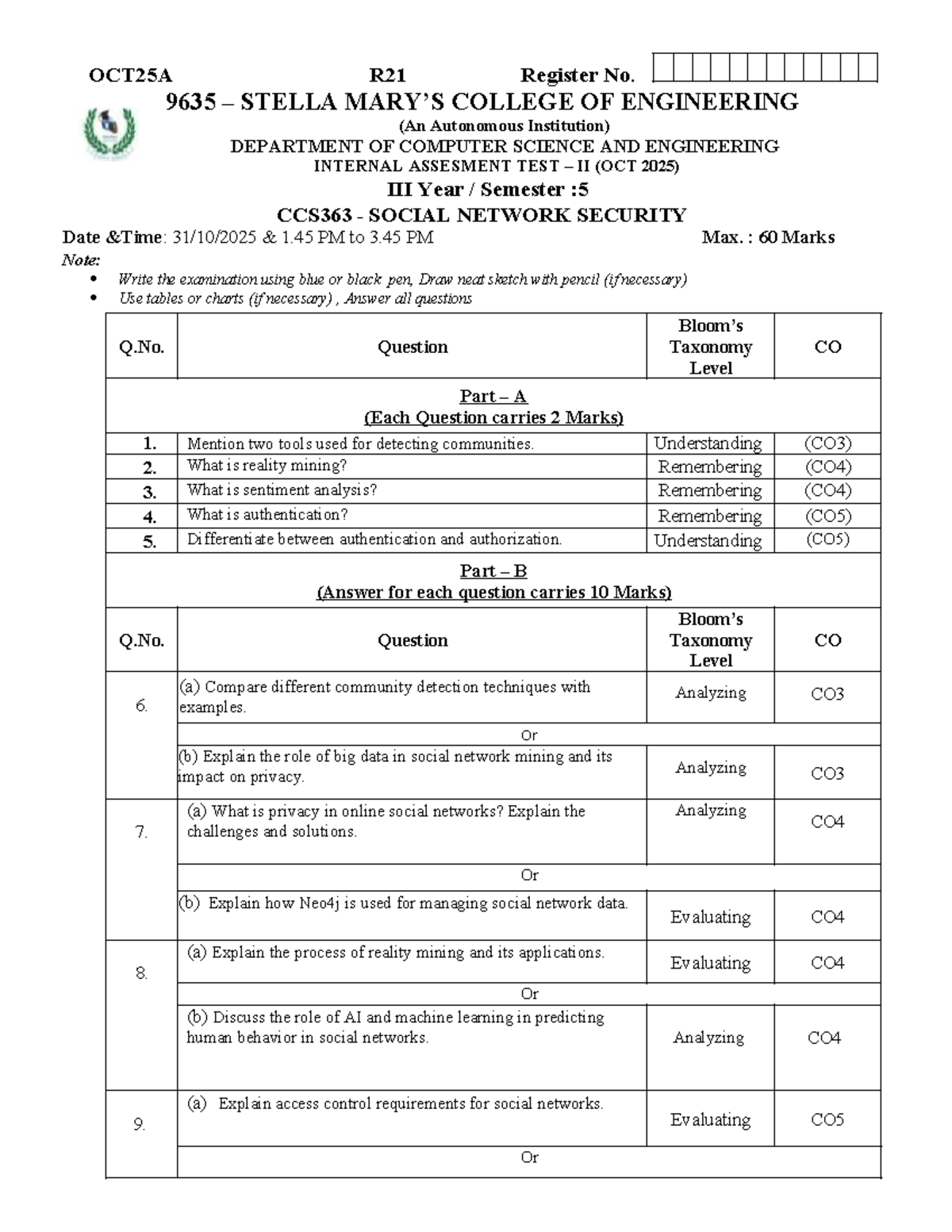 CCS363 Social Network Security IAT II Question Paper - Studocu