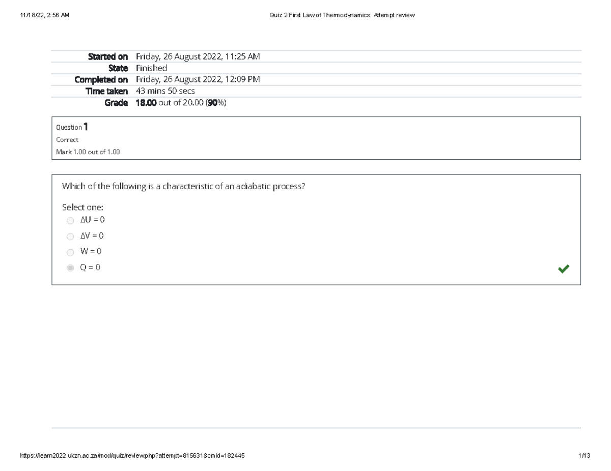 Quiz 2: First Law of Thermodynamics Attempt Review - Studocu