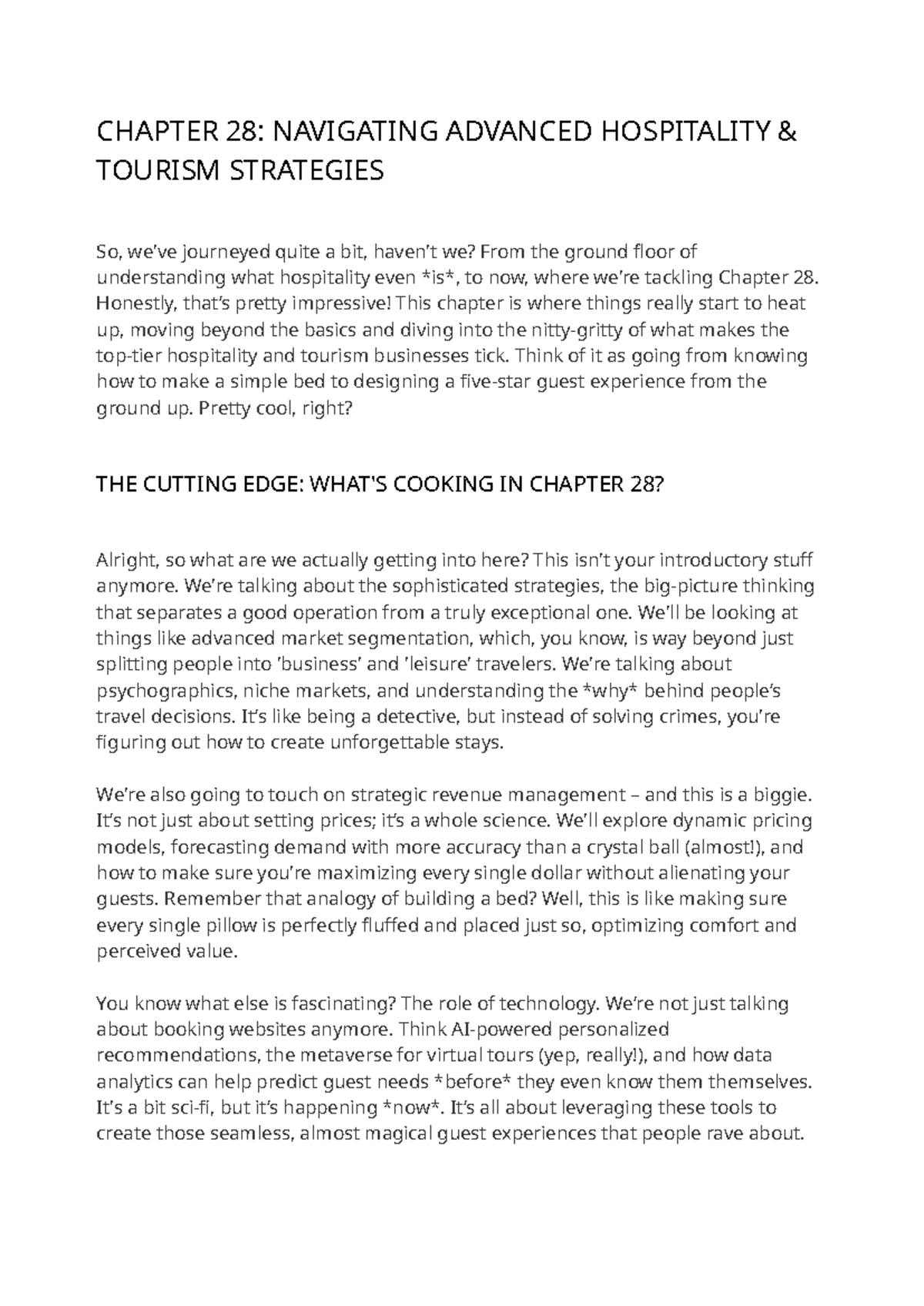 CHAPTER 28 REVIEW: ADVANCED HOSPITALITY TOURISM STRATEGIES - Studocu