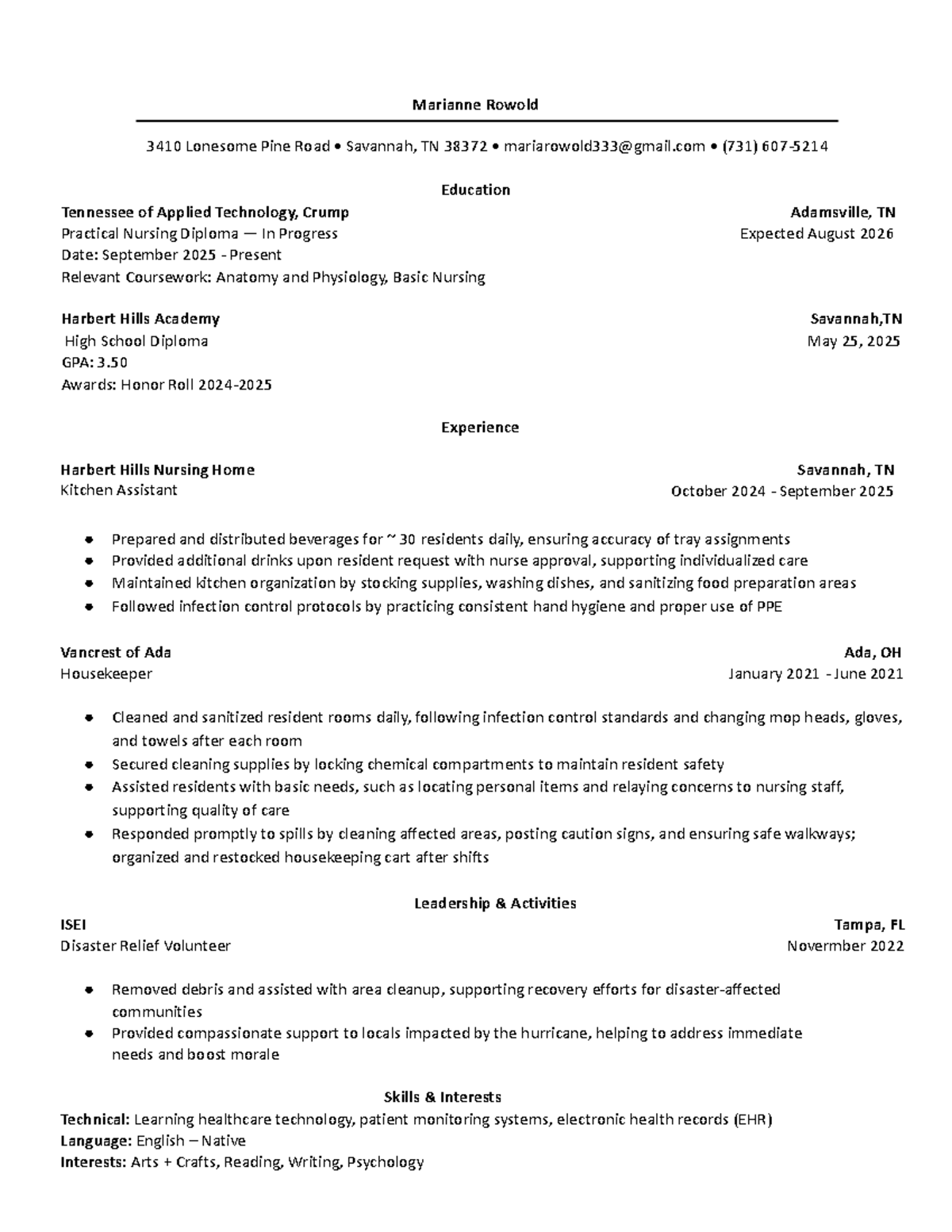 Resume: Marianne Rowold - Practical Nursing Diploma (3410) - Studocu