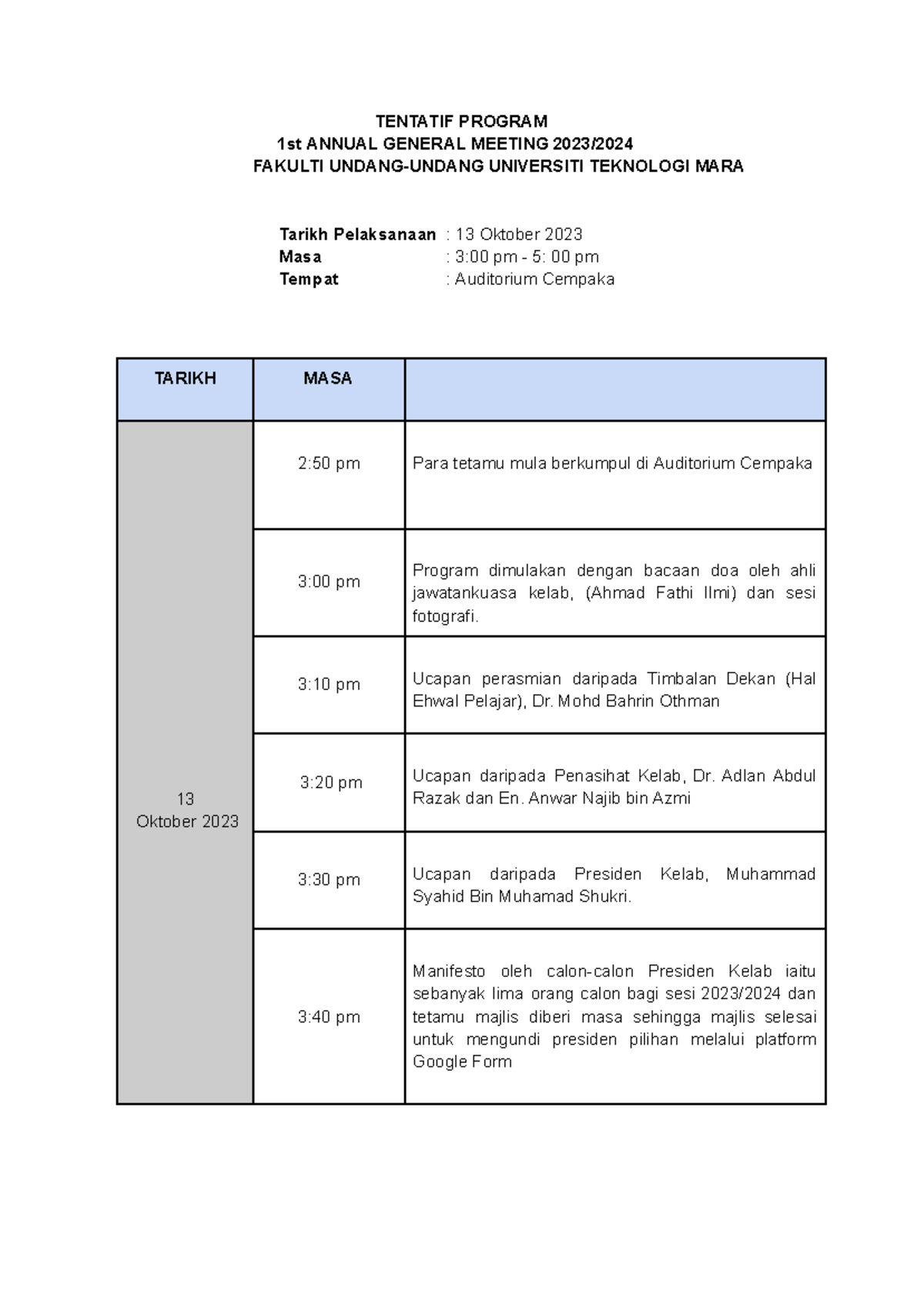 Tentatif Program AGM LEX 22/23 - Fakulti Universiti Teknologi Mara ...