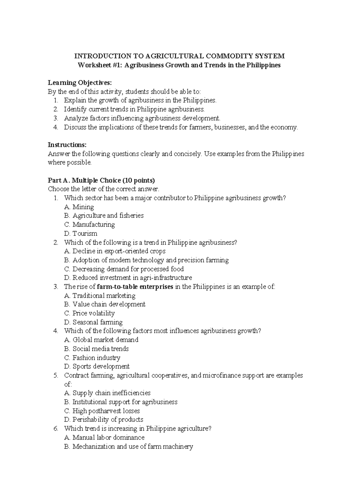 AGRIBUSINESS GROWTH & TRENDS IN THE PHILIPPINES Worksheet - Studocu