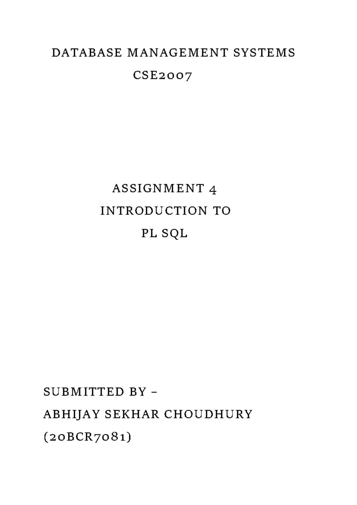 CSE2007 Assignment 4: PL/SQL Functions & Database Operations - Studocu