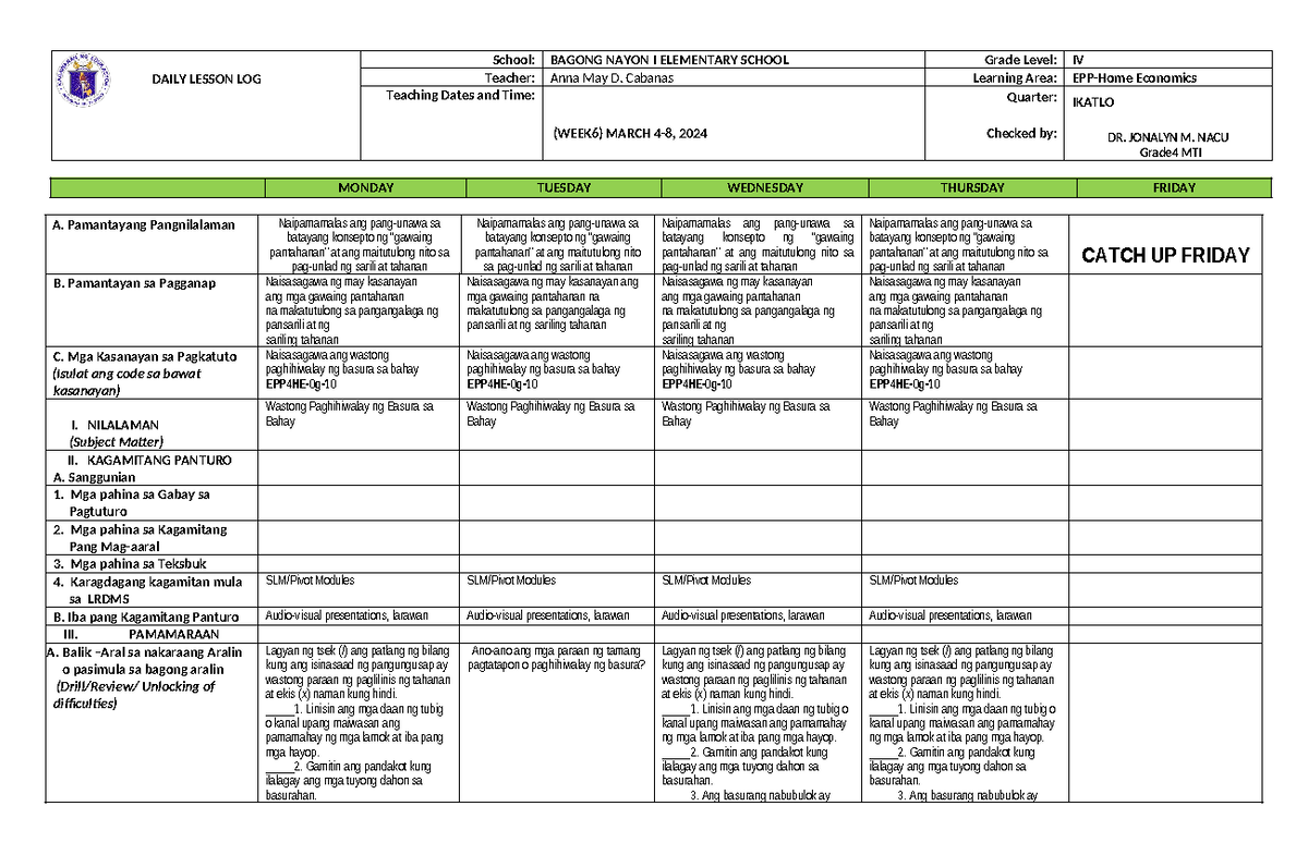 DLL EPP4 Home Economics Weekly Lesson Plan (W6) - Studocu