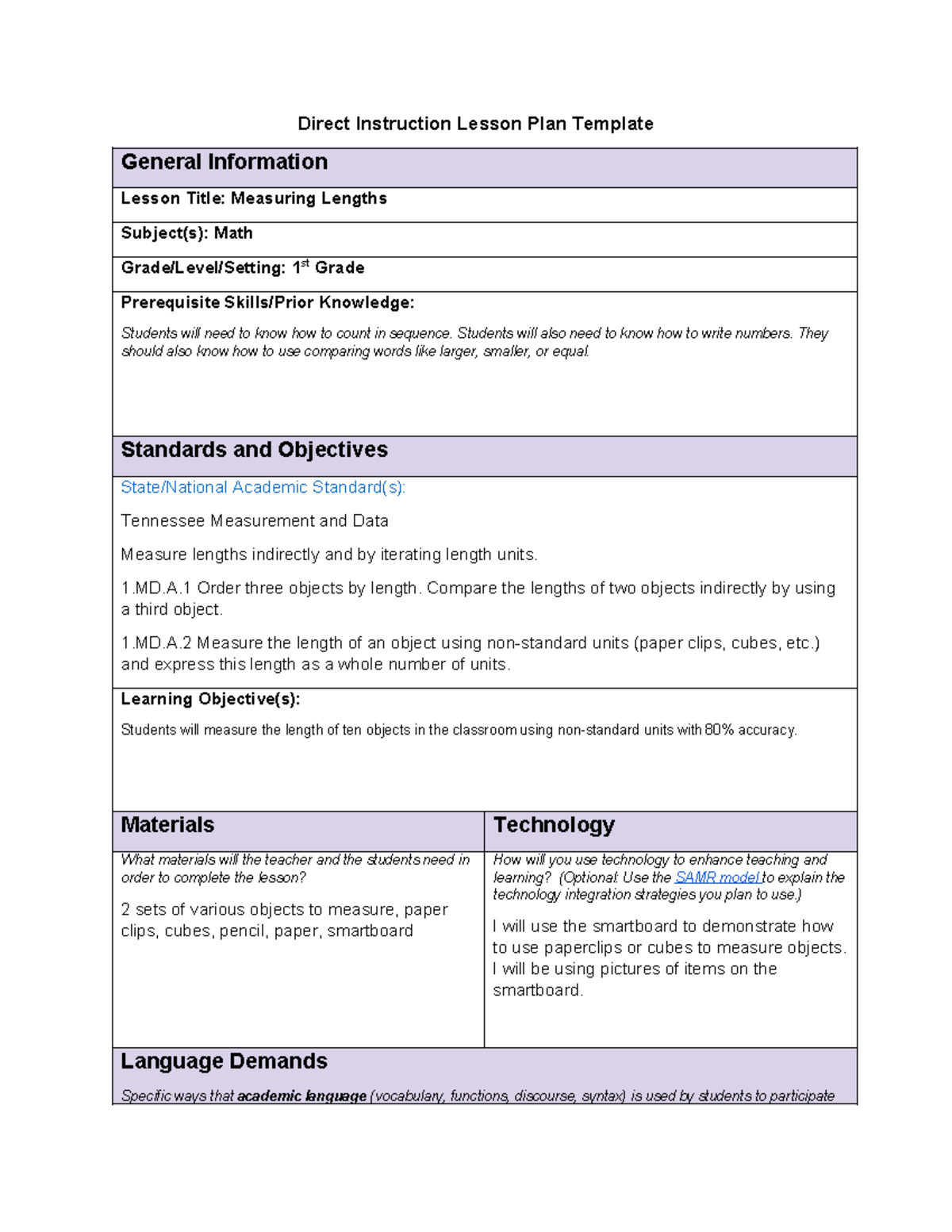 Math Lesson Plan - LNM2 Task 1 - Measuring Lengths in 1st Grade - Studocu