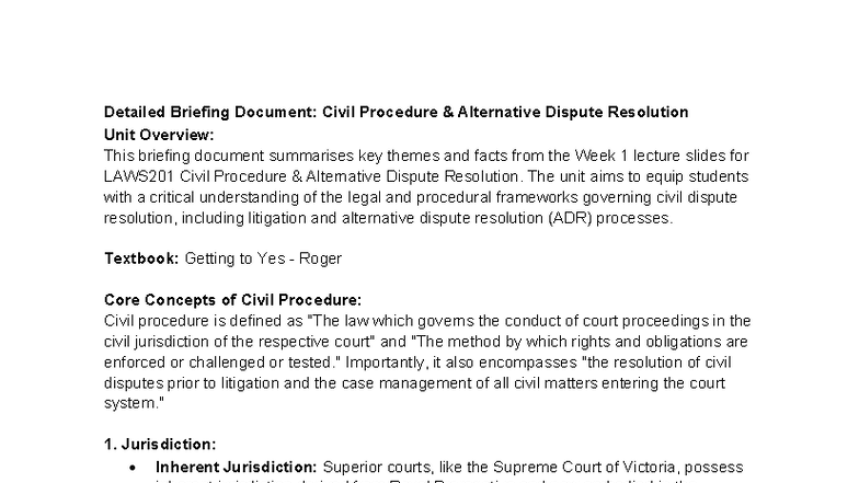 LAWS201 Week 1 Lecture Summary: Civil Procedure & ADR Overview - Studocu