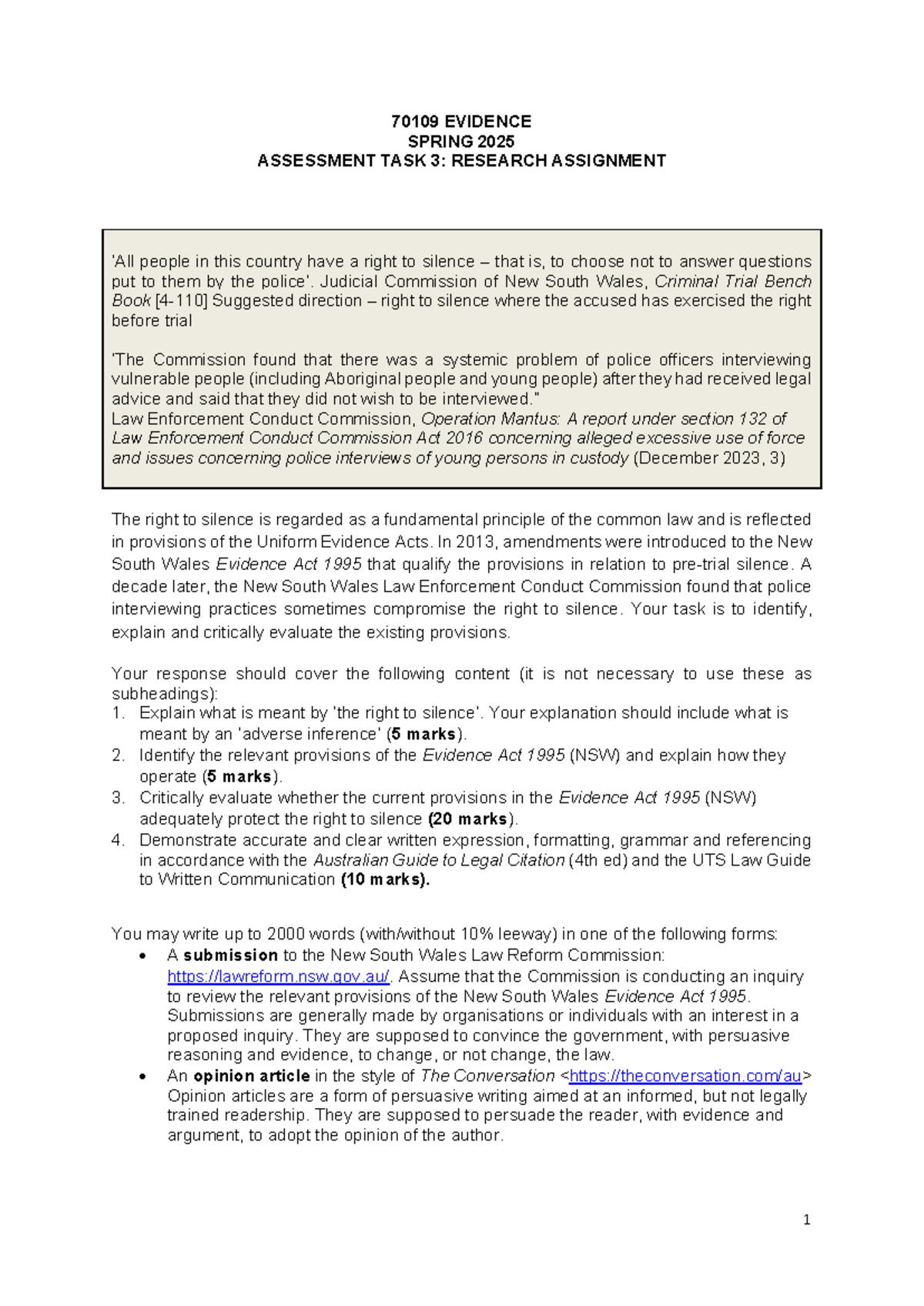 70109 Evidence Assessment Task 3: Right to Silence Analysis - Studocu
