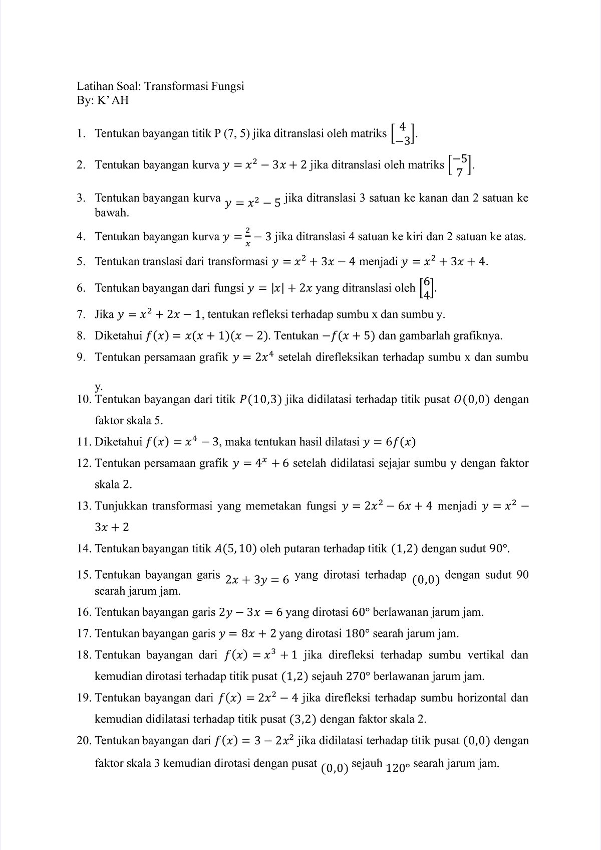Latihan Soal Transformasi Fungsi (Matriks) - Matematika 101 - Studocu