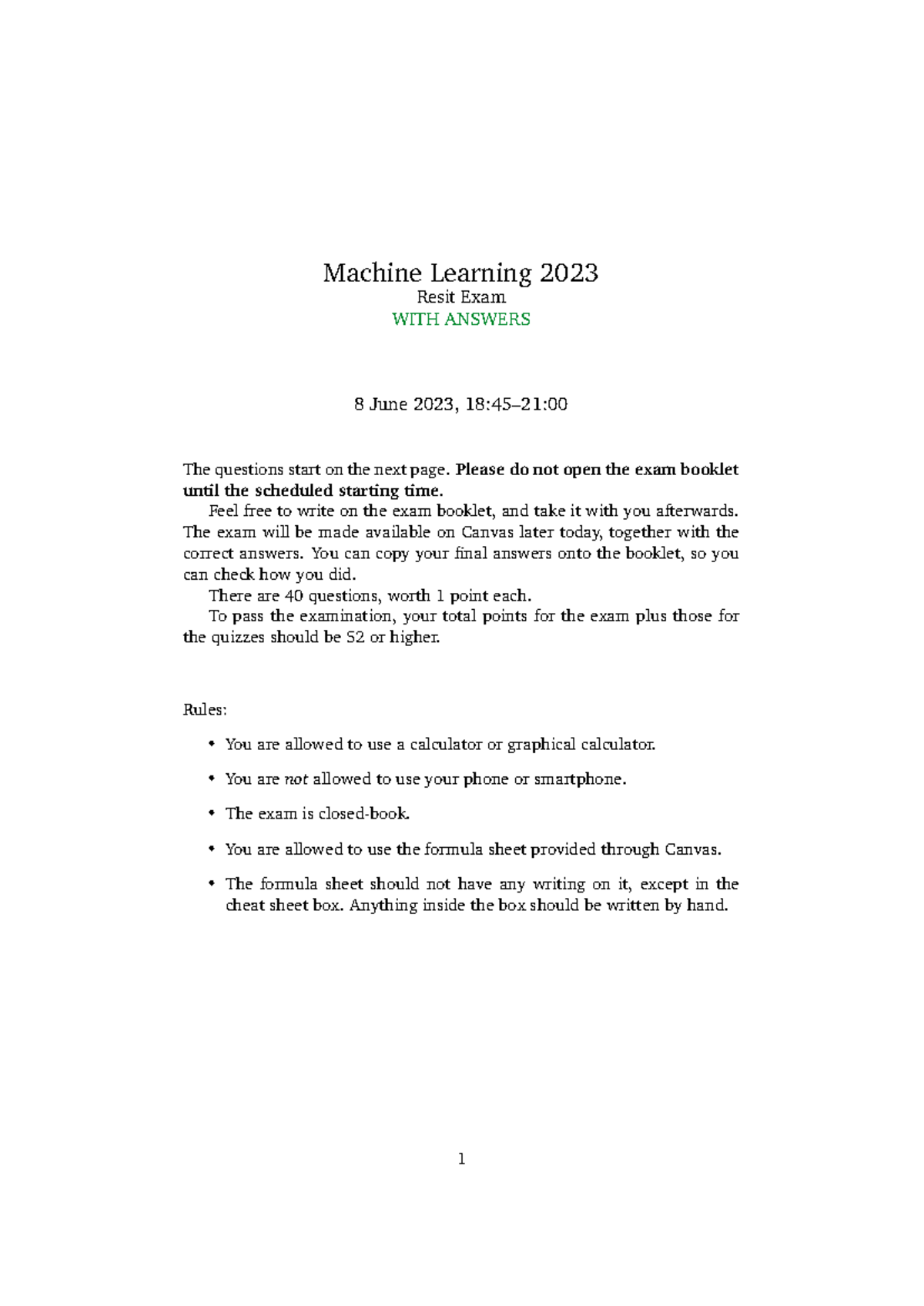 Machine Learning 2023 - Resit Exam with Answers (8 June) - Studeersnel