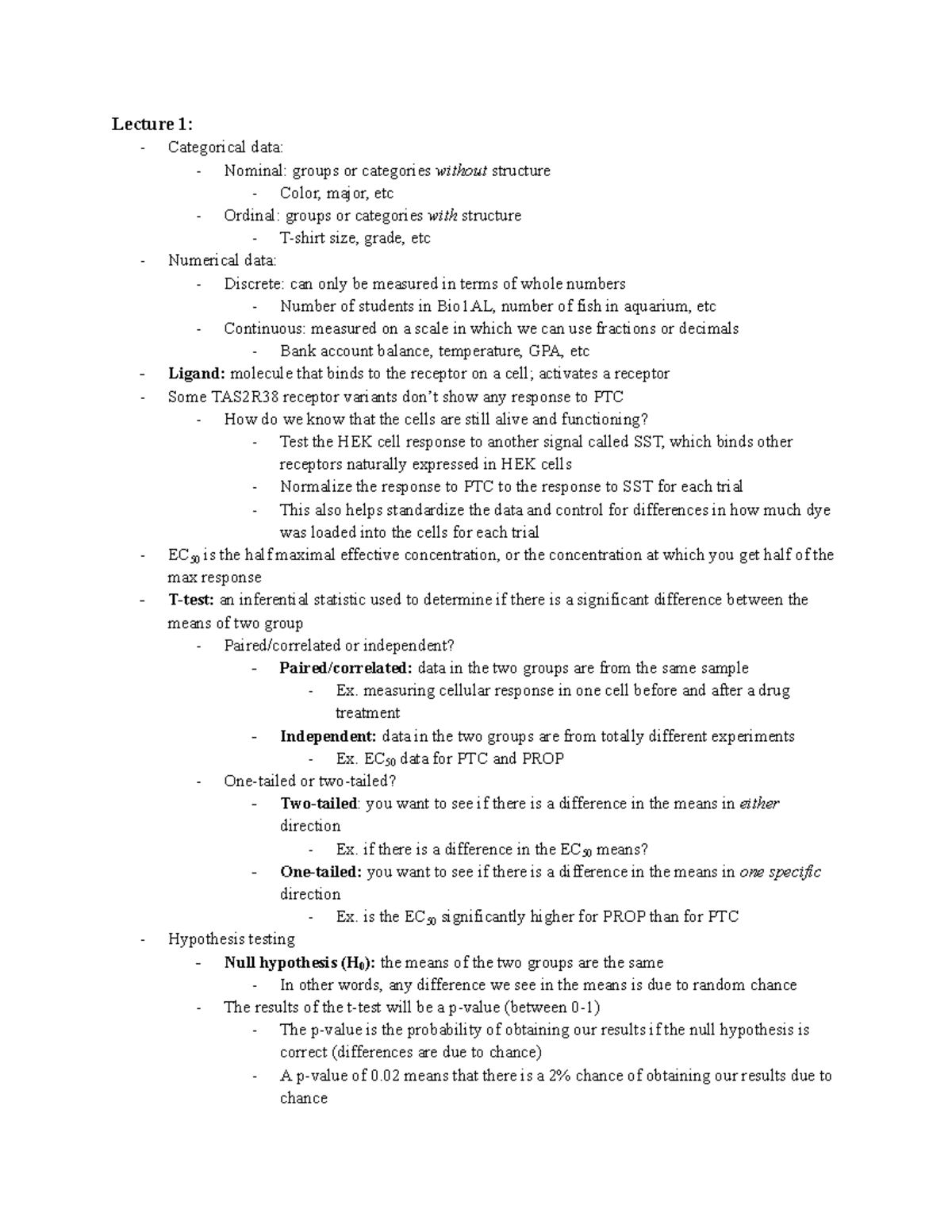 Bio 1AL Lecture Notes: Categorical & Numerical Data Analysis - Studocu