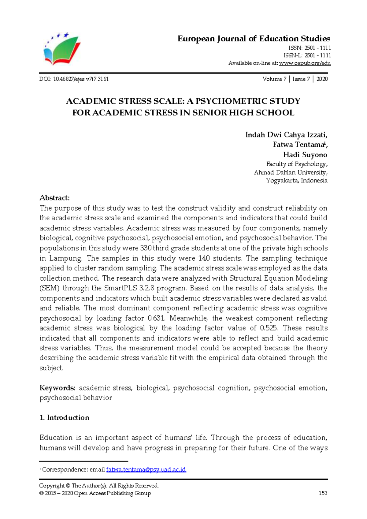 Psychometric Analysis of Academic Stress Scale in Senior High School ...