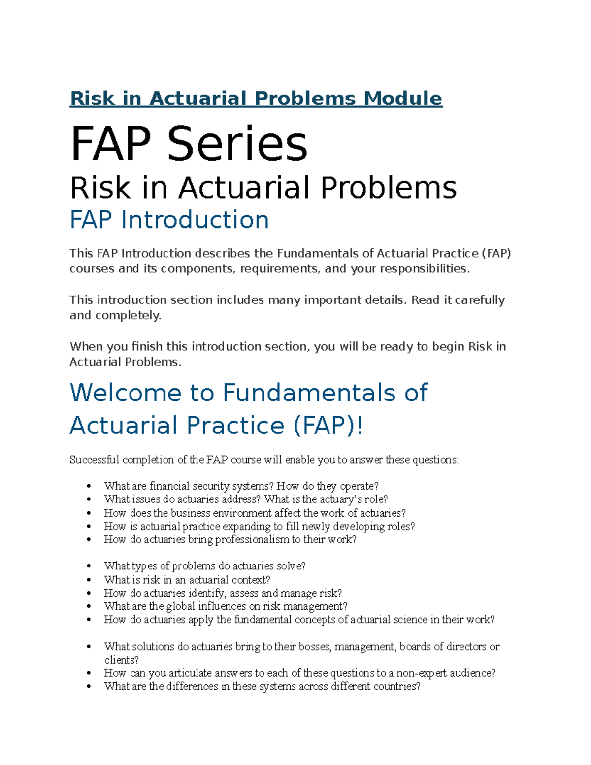 FAP Module: Introduction to Risk in Actuarial Problems - Studocu
