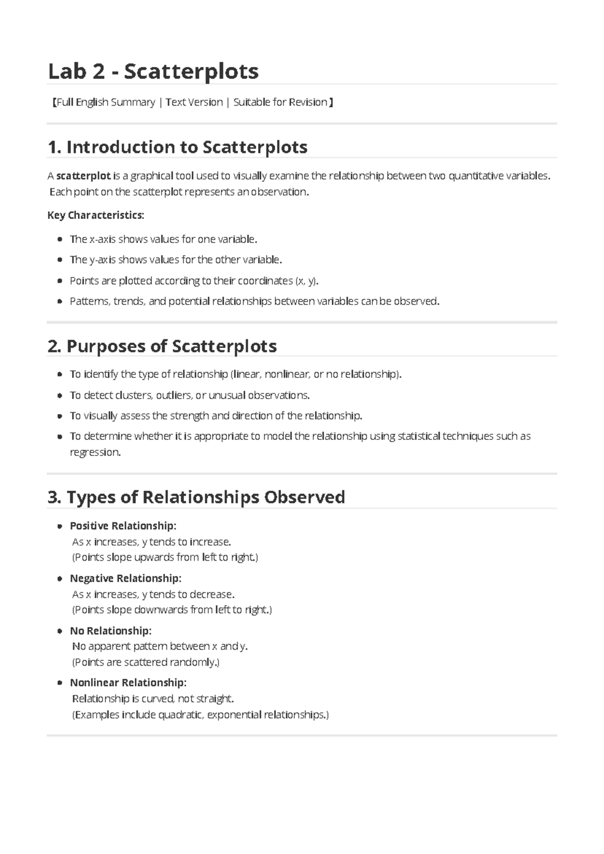 Lab 2: Summary of Scatterplots and Their Relationships - Studocu