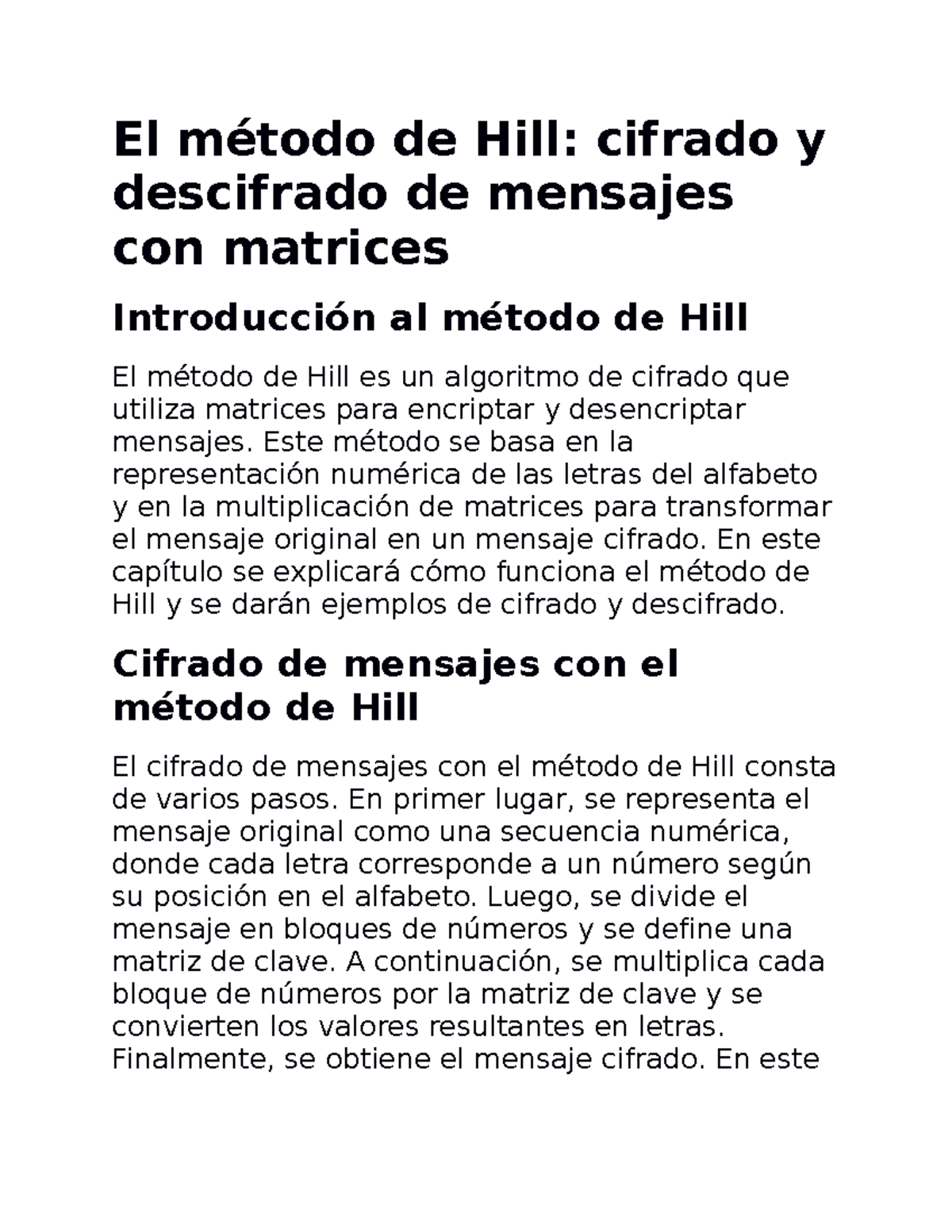 Método de Hill: Cifrado y Descifrado de Mensajes con Matrices - Studocu