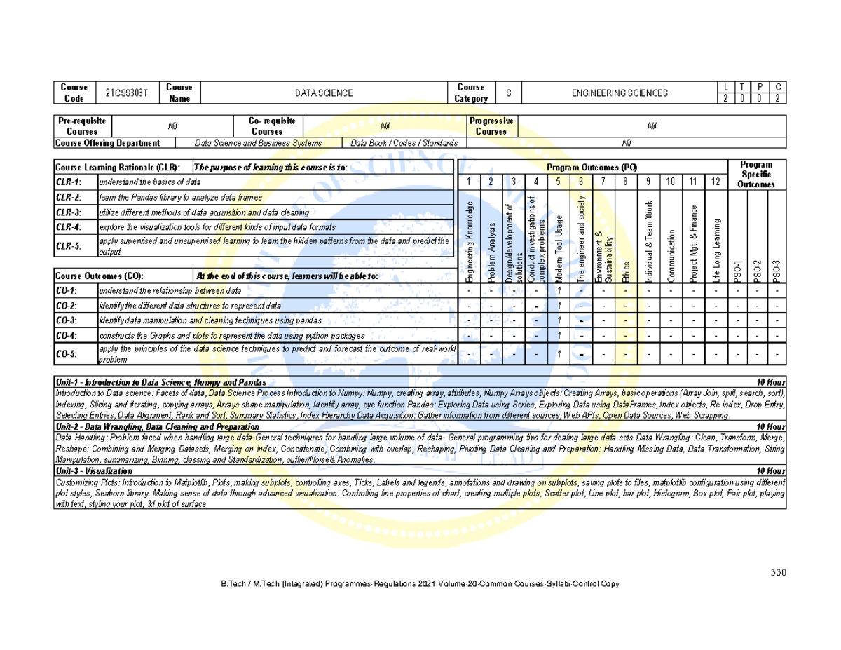 21CSS303T Data Science Course Syllabus Overview - Studocu