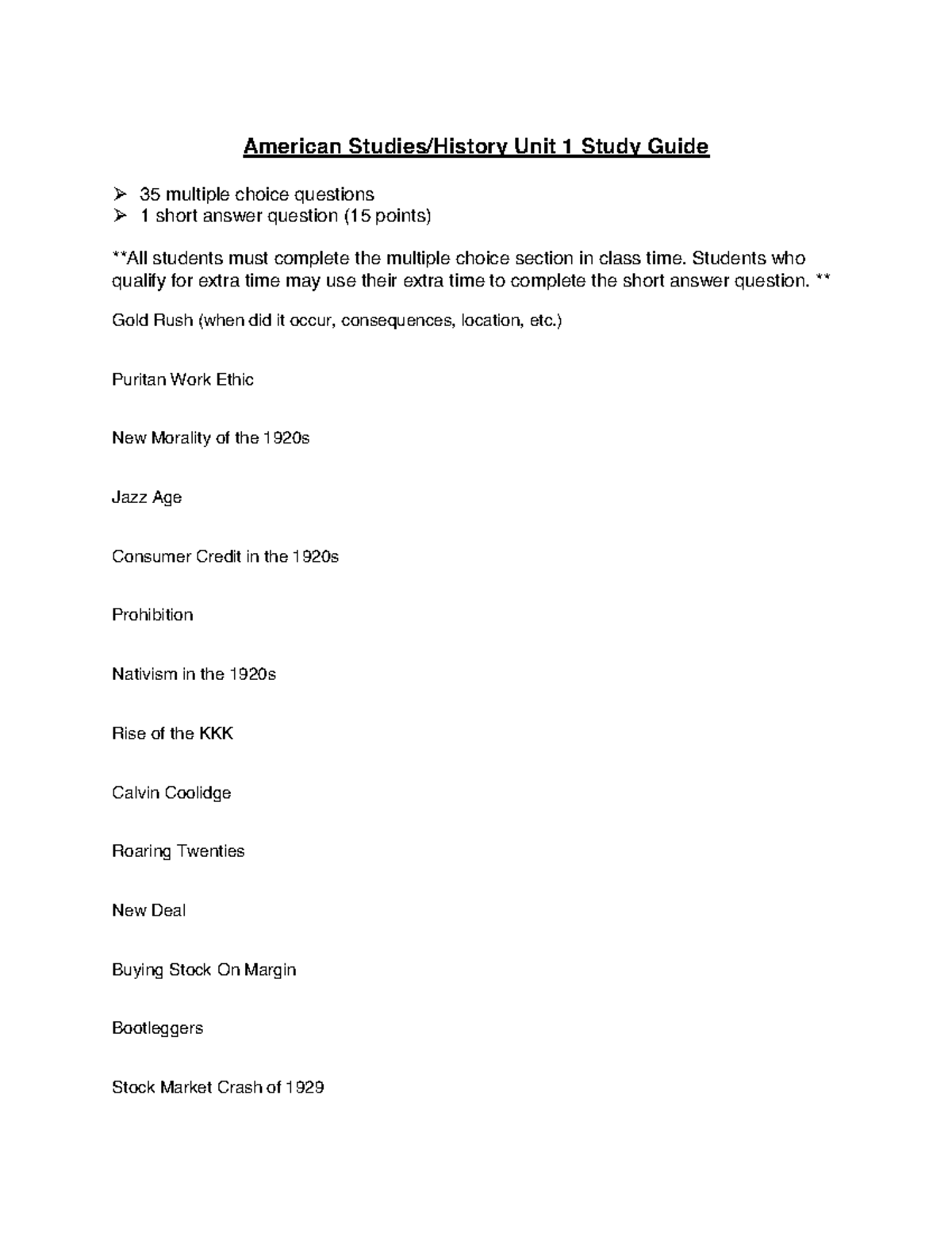 American Studies/History Unit 1 Study Guide: 1920s & Great Depression ...