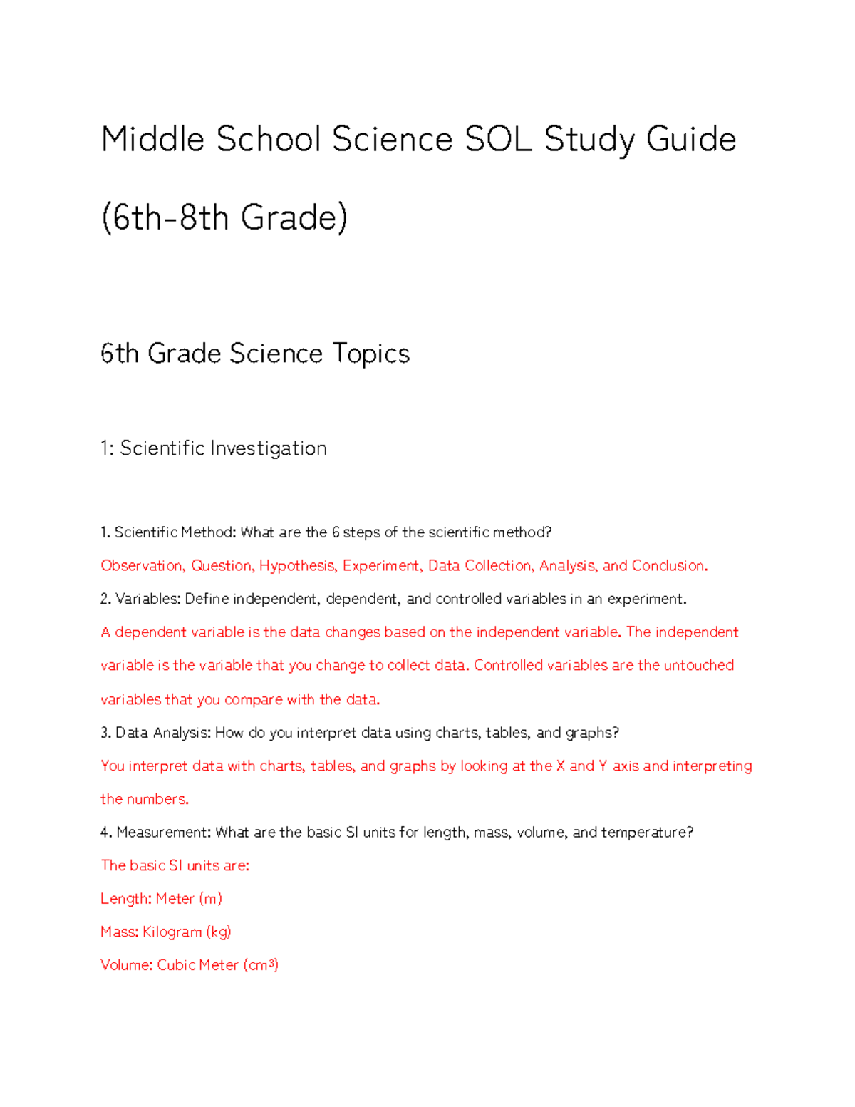 Middle School Science SOL Multiple Choice Study Guide (6th-8th Grade ...