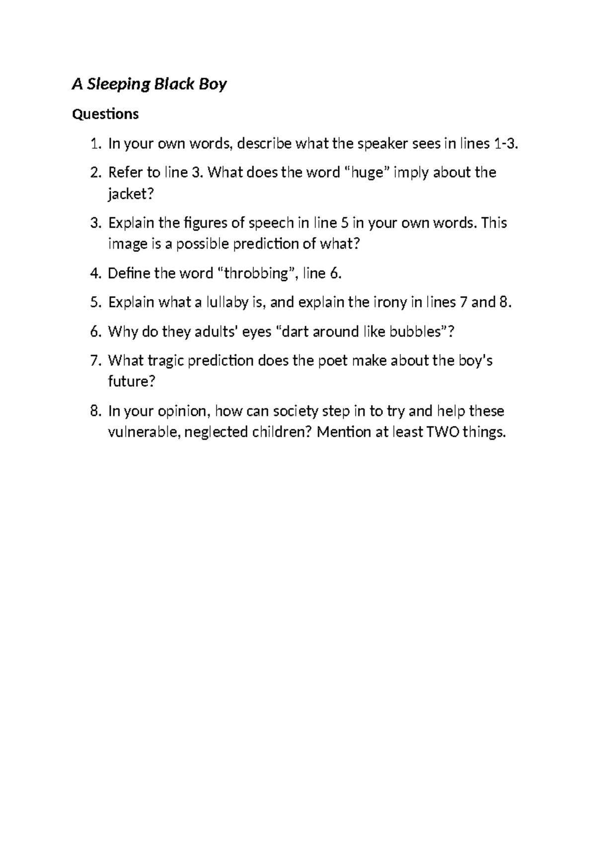 Term 1 Poetry Questions & Analysis - A Sleeping Black Boy, Mirror ...