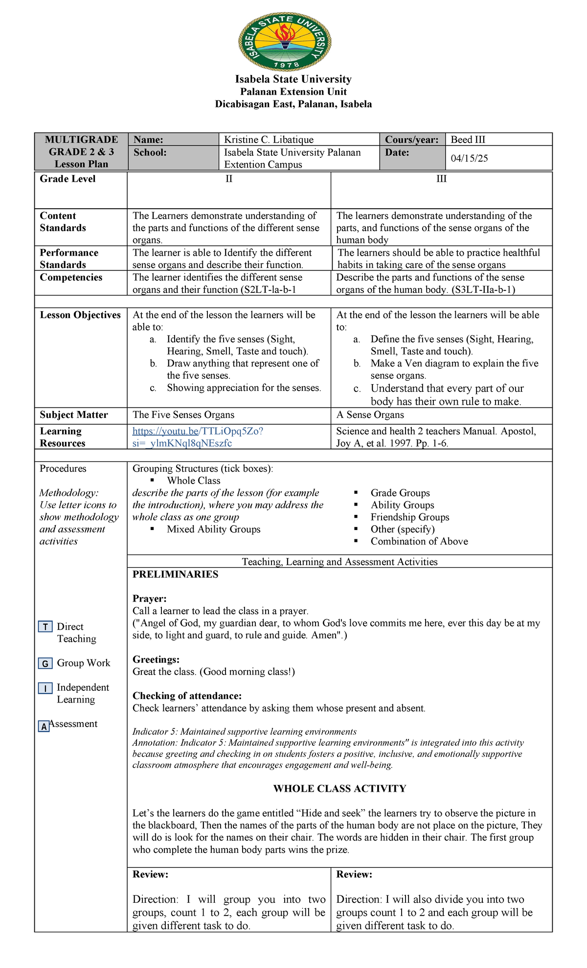 Multigrade Lesson Plan 083506: Understanding the Five Senses - Studocu