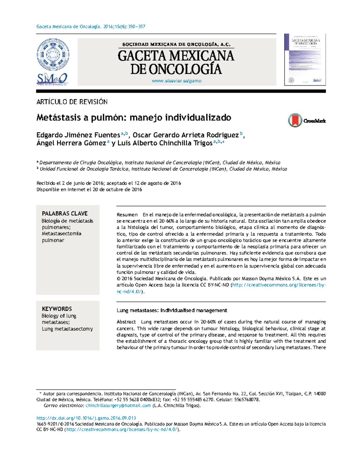 Metástasis Pulmonar: Manejo Individualizado en Oncología (GMO-2016 ...