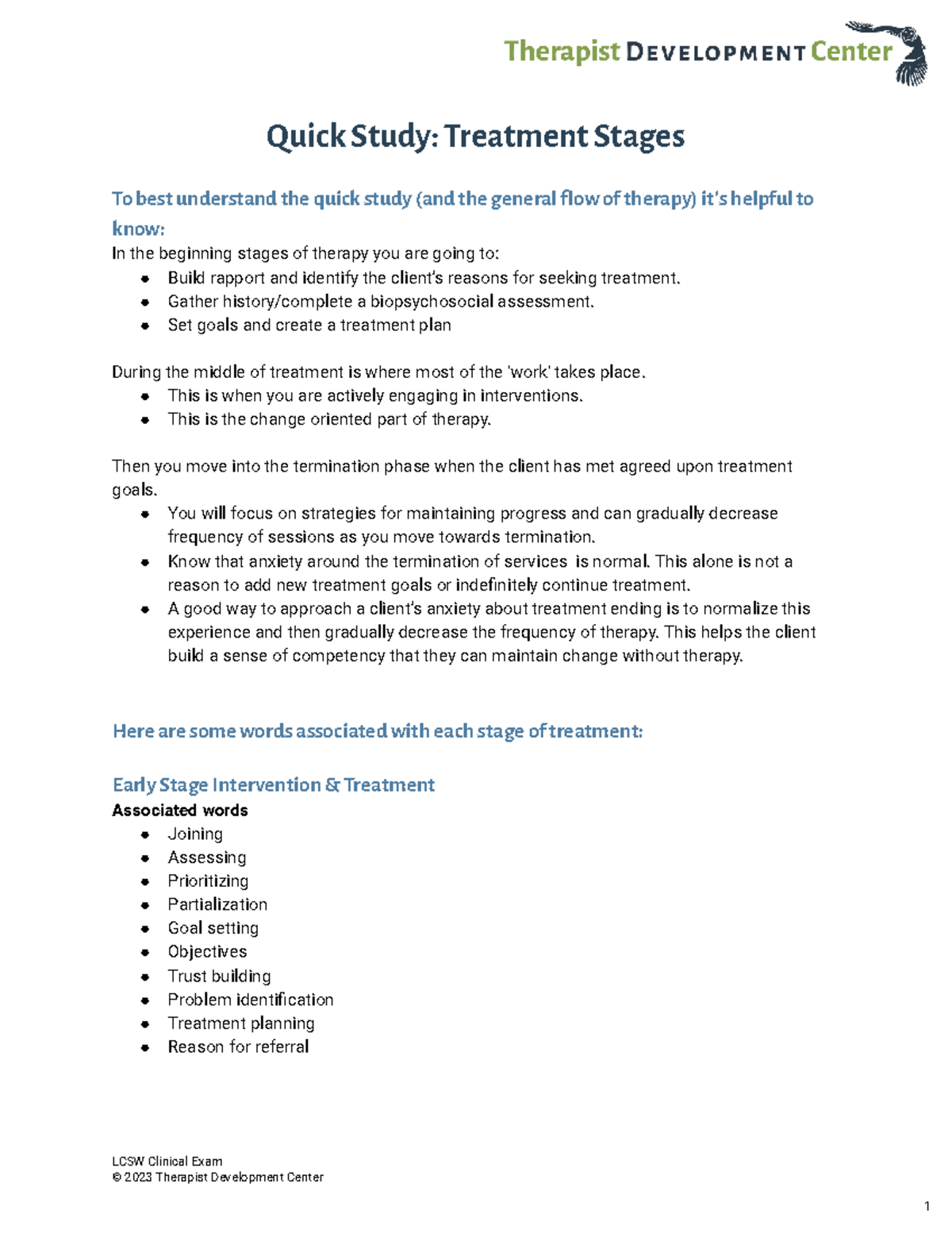 LCSW CE Quick Study: Overview of Treatment Stages in Therapy - Studocu