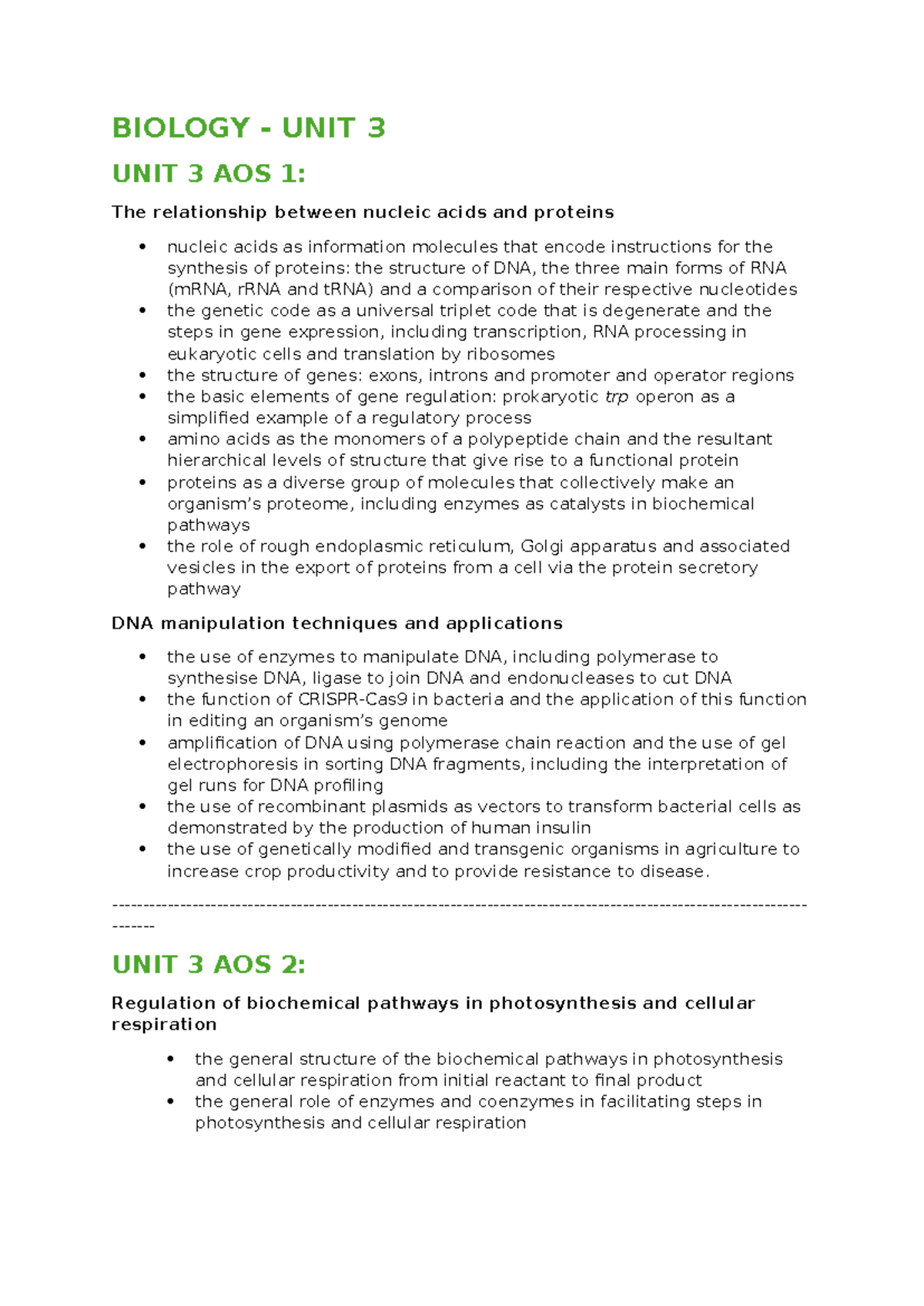 Biology Unit 3 and 4 study design - BIOLOGY - UNIT 3 UNIT 3 AOS 1: The ...