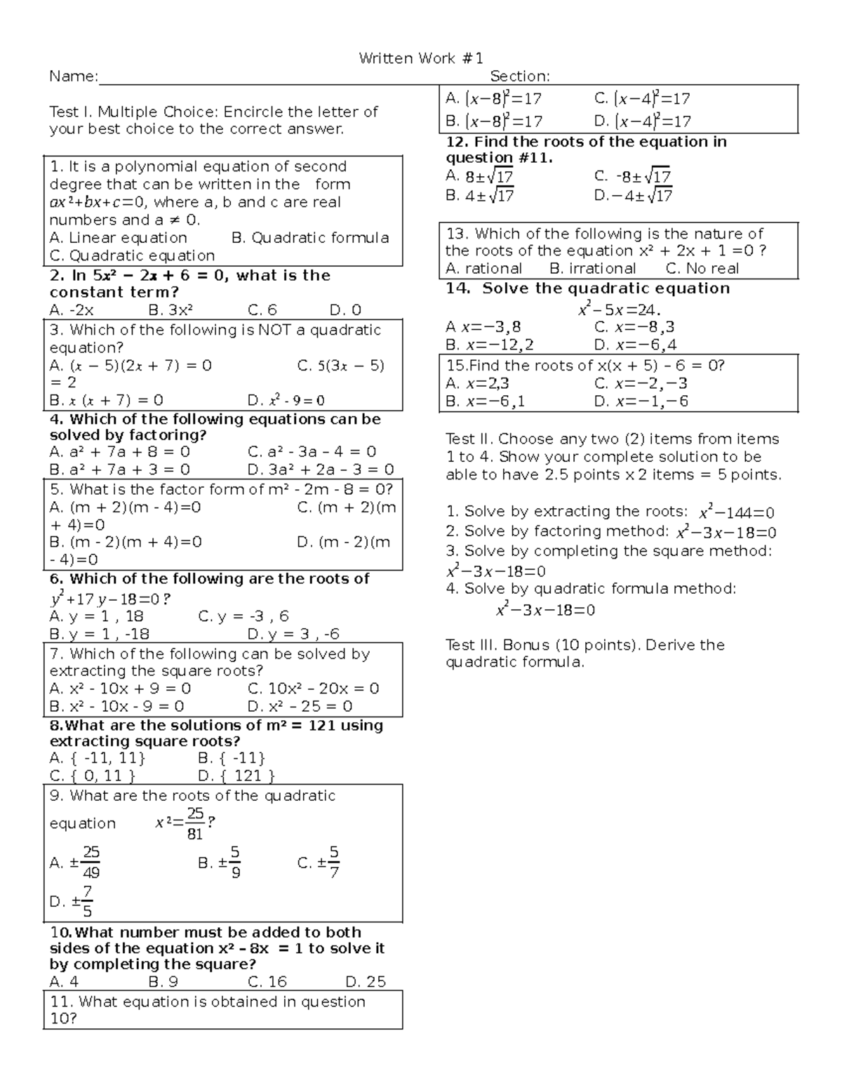 Quarter 1 - Test I: Multiple Choice on Quadratic Equations - Studocu