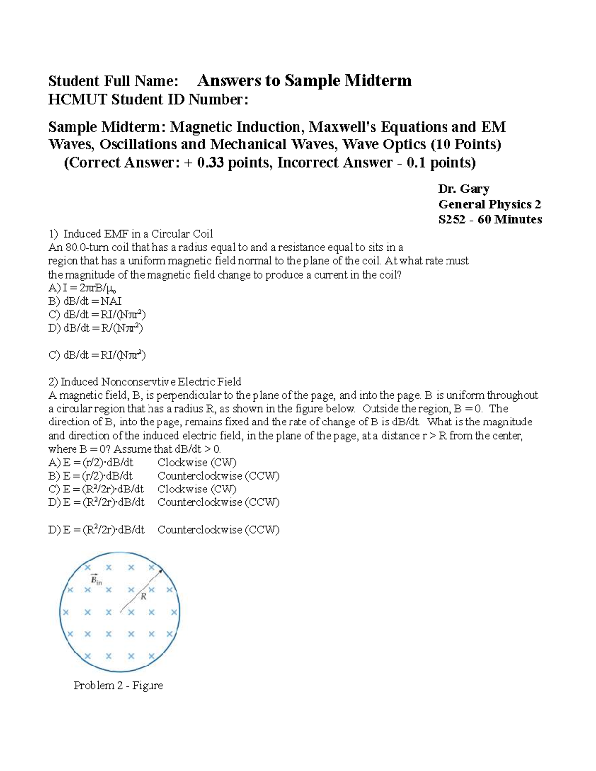 Sample Midterm Answers - S252 - Magnetic Induction & EM Waves - Studocu