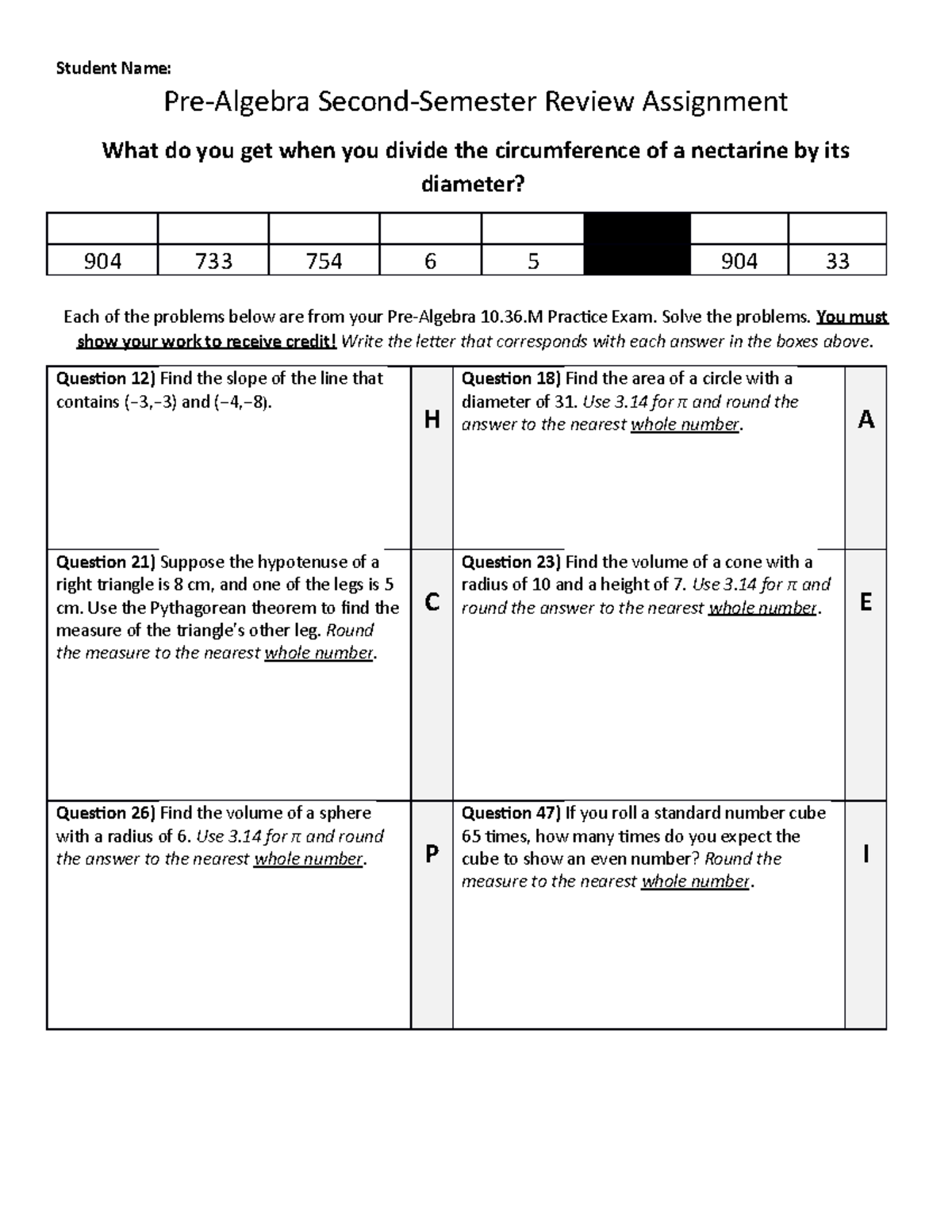 Pre-Algebra+Second-Semester+Review+Assignment - Student Name: Pre ...