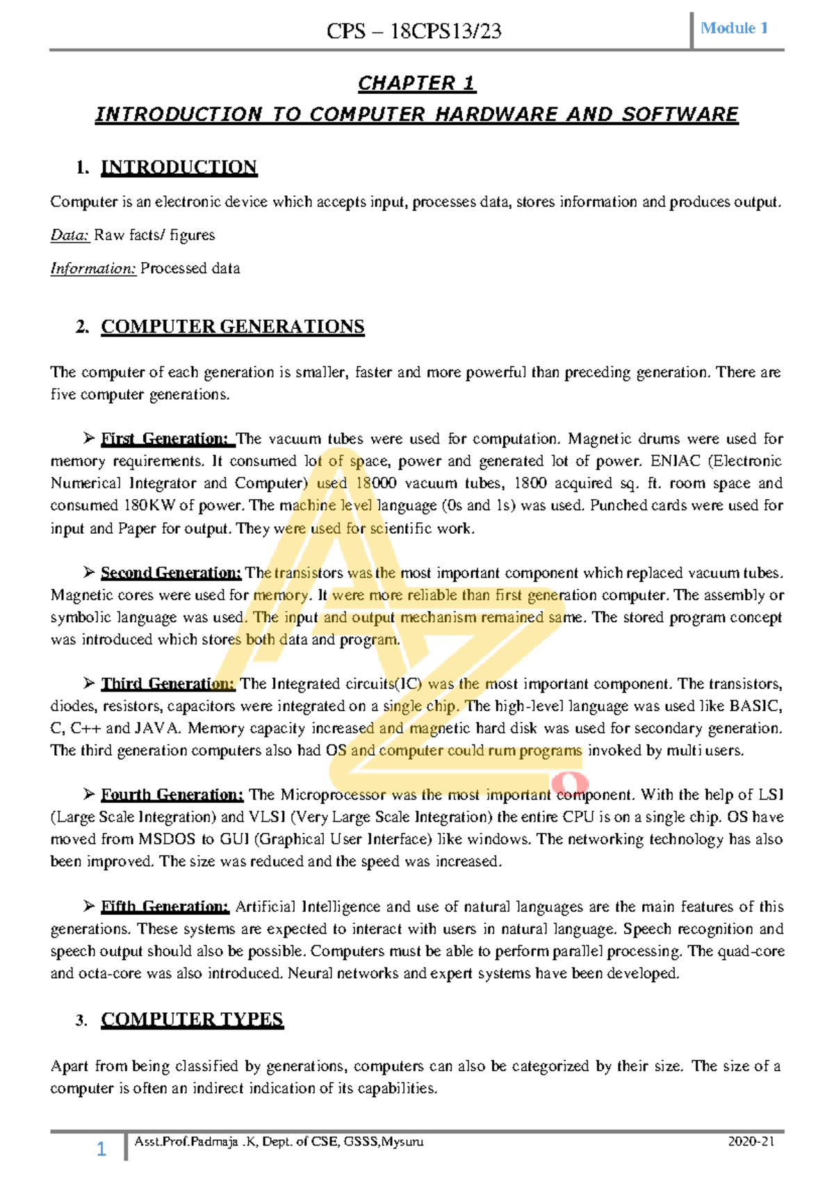Module 1 - C programming for problem solving - CHAPTER 1 INTRODUCTION TO COMPUTER HARDWARE AND ...