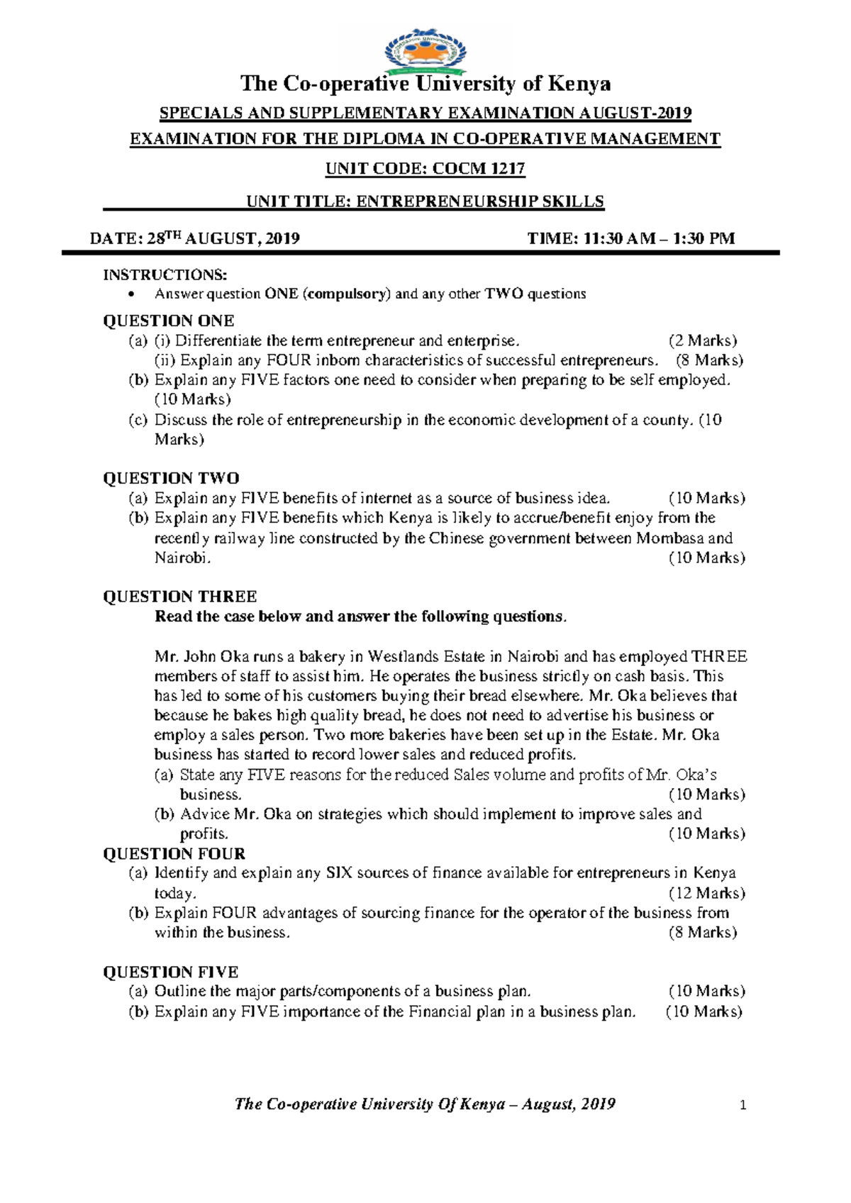 DUCU 1201 Final Exam: Entrepreneurship Skills - Special & Supplementary ...