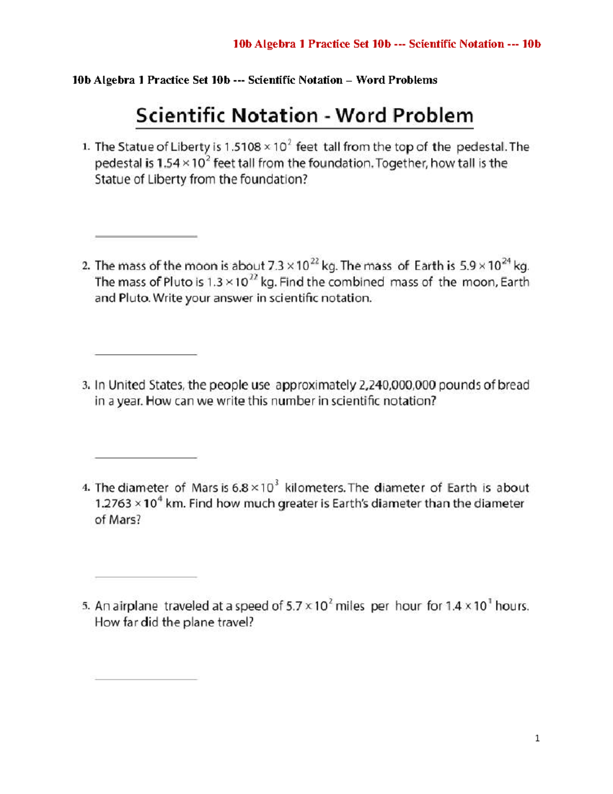 Algebra 1 Practice Set: Scientific Notation (10b) - Studocu
