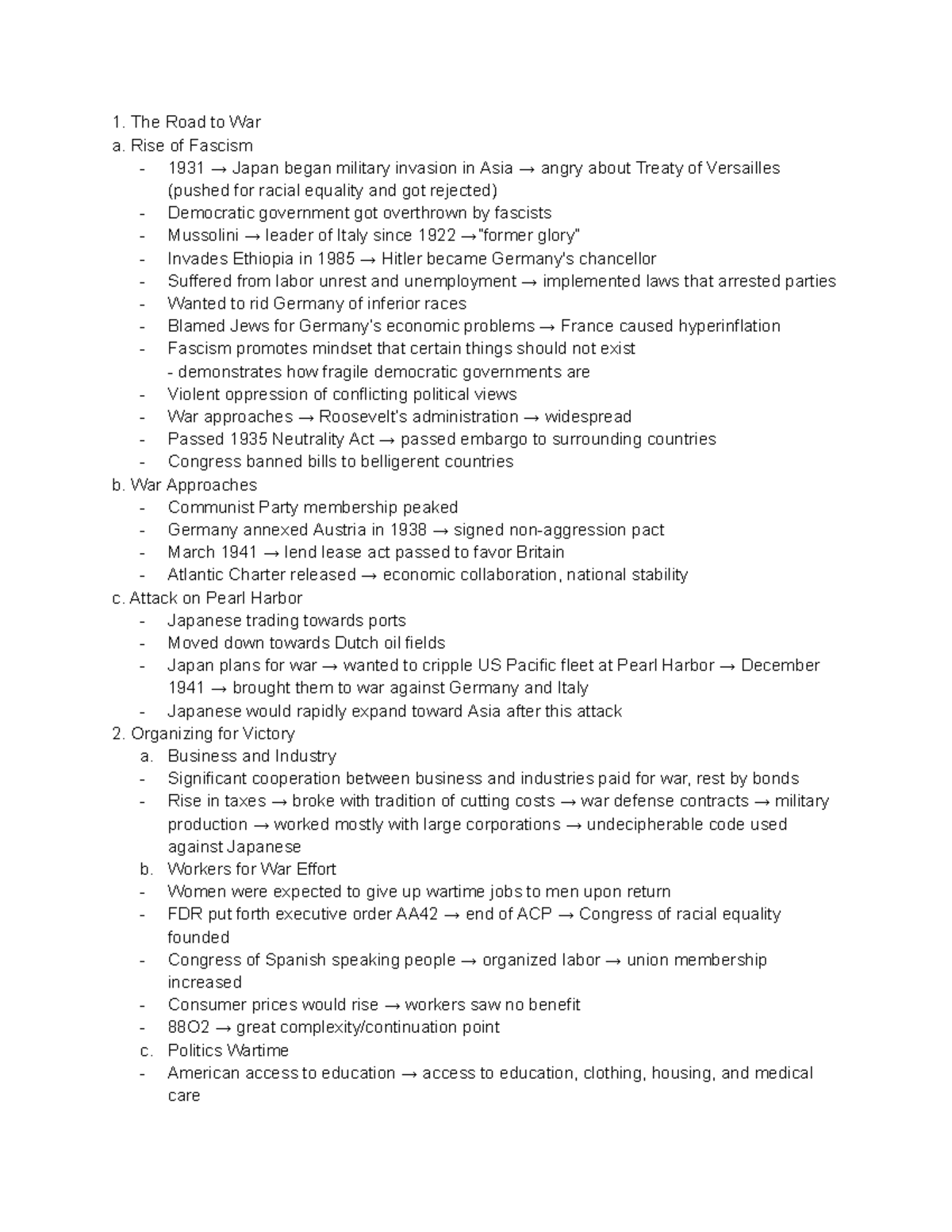 Chapter 24 Notes - The Road to War a. Rise of Fascism 1931 → Japan ...