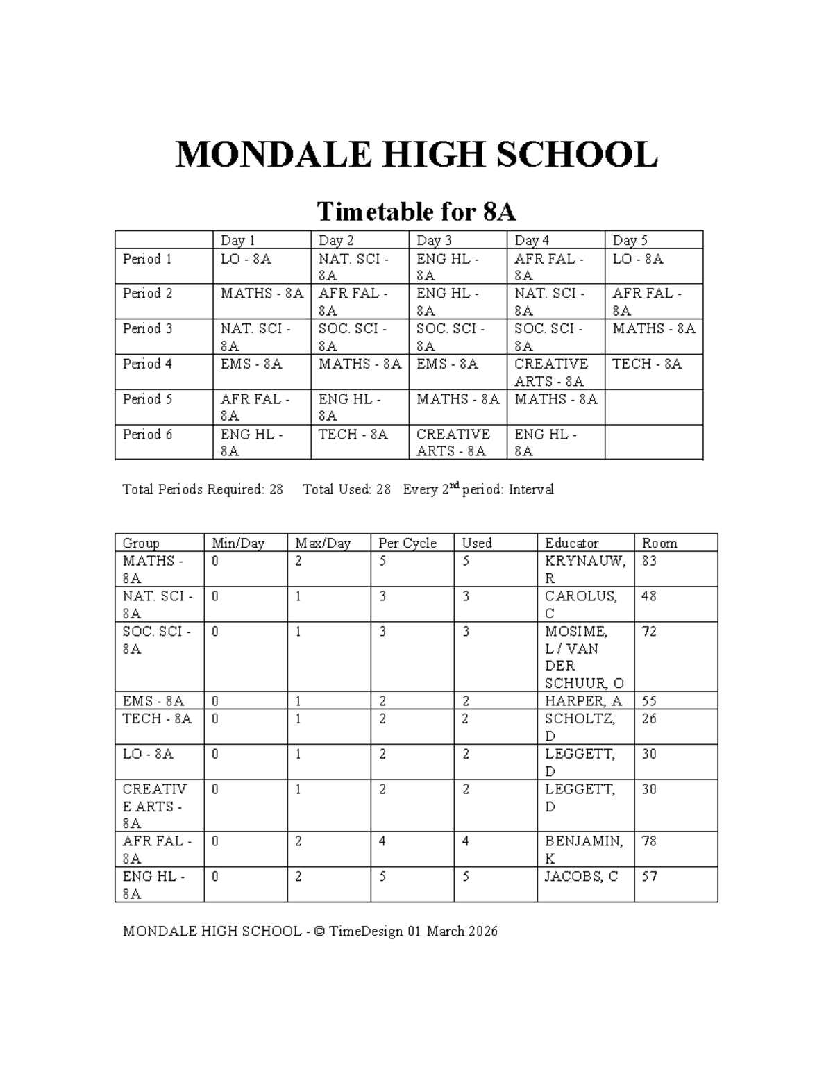 Mondale High School Timetable for Grade 8A - Studocu