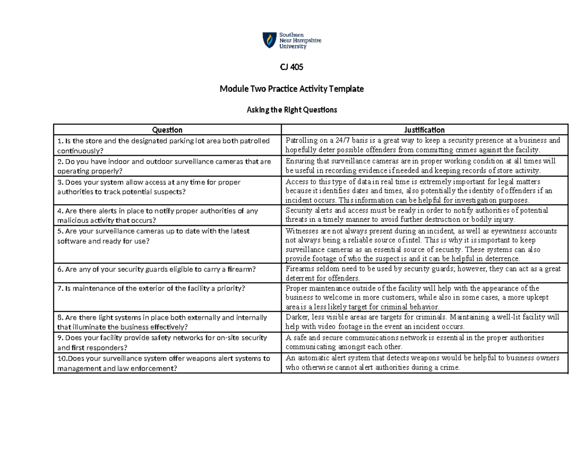 CJ 405 Mod2 Right Quest - CJ 405 Module Two Practice Activity Template ...
