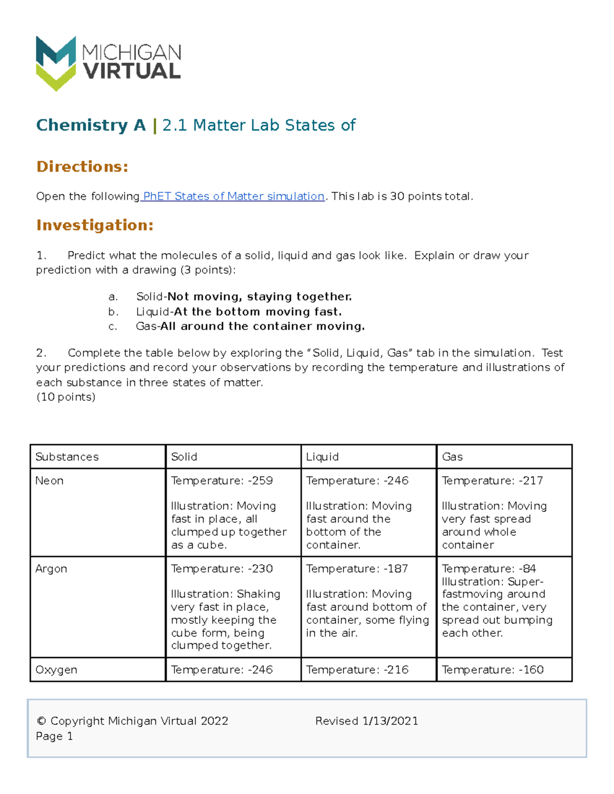Chemistry A 2.1 States of Matter Lab - Chemistry A | 2 Matter Lab ...