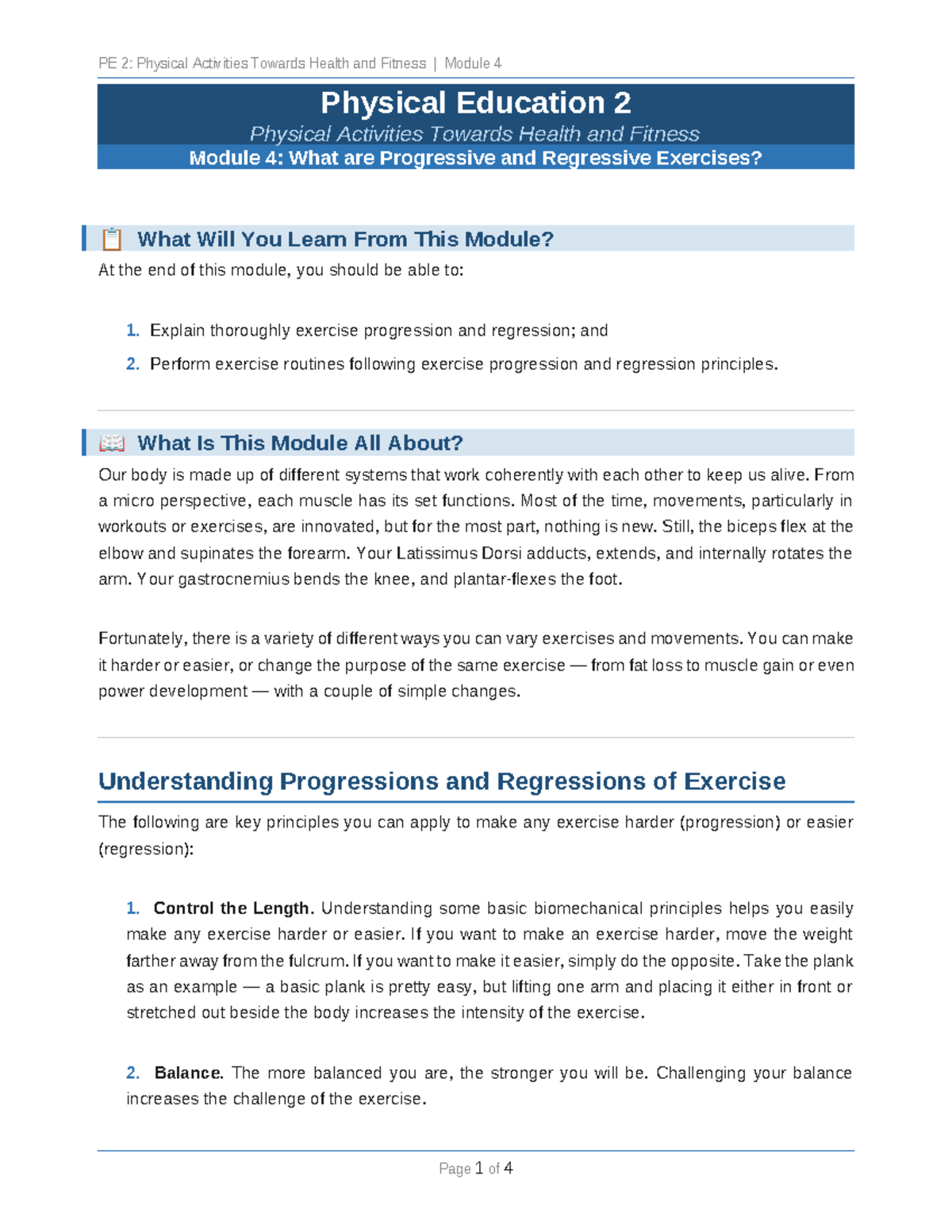 PE 2: Module 4 - Understanding Progressive & Regressive Exercises - Studocu