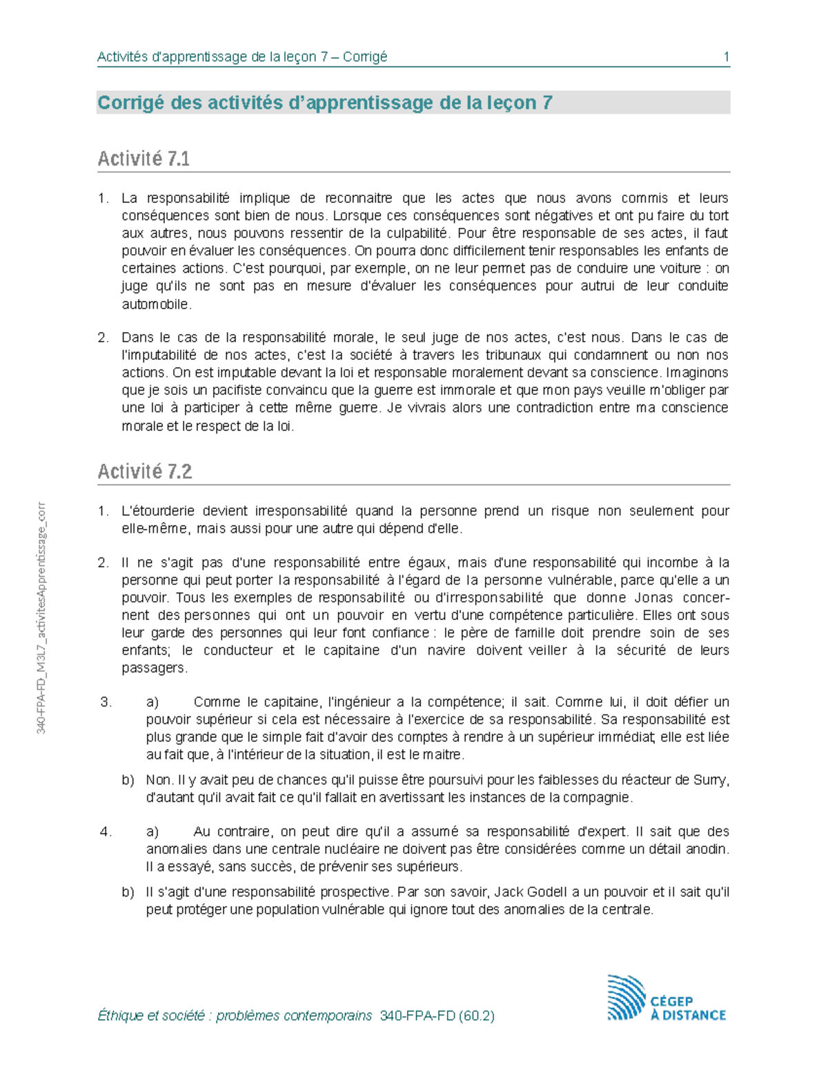 Activités de la leçon 7 - Corrigé (340-FPA-FD) - Studocu