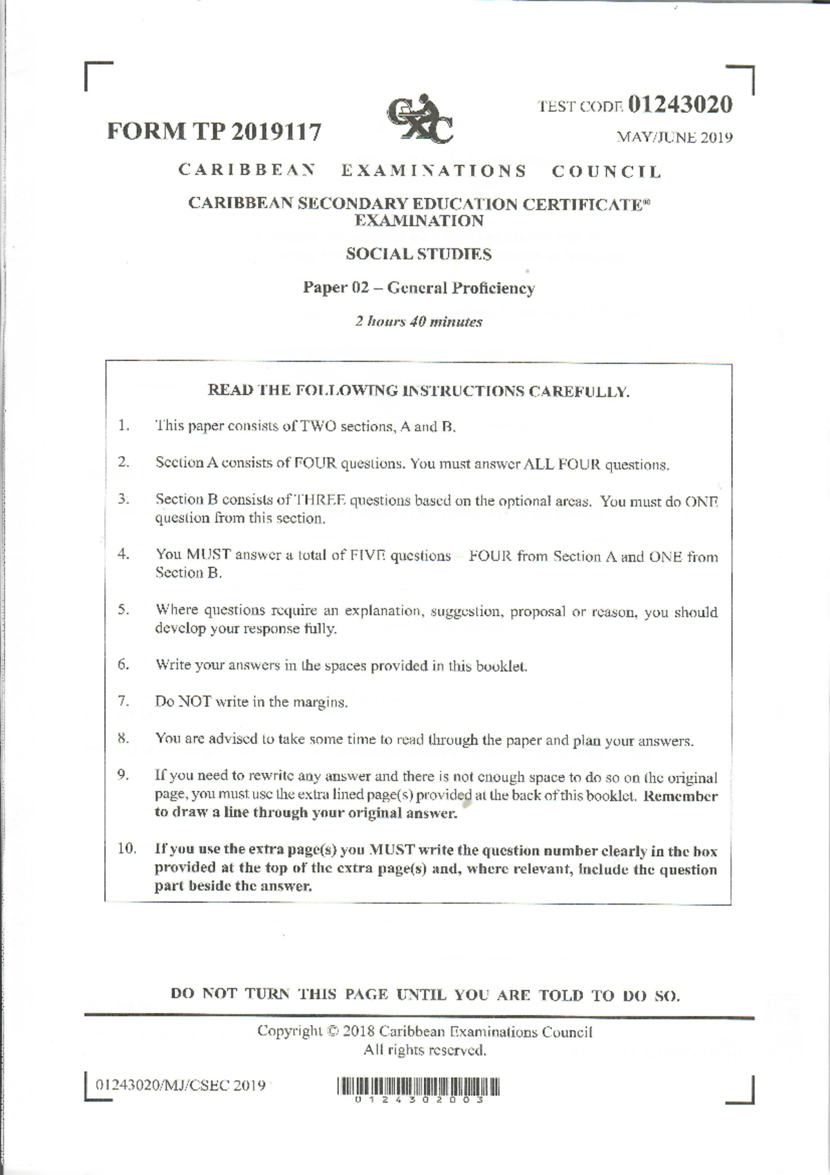 CXC CSEC May-June 2019 - Social Studies Paper 2 - History - Studocu