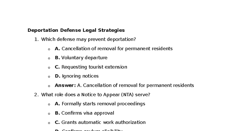 Deportation Defense Legal Strategies: Key Concepts and Answers - Studocu