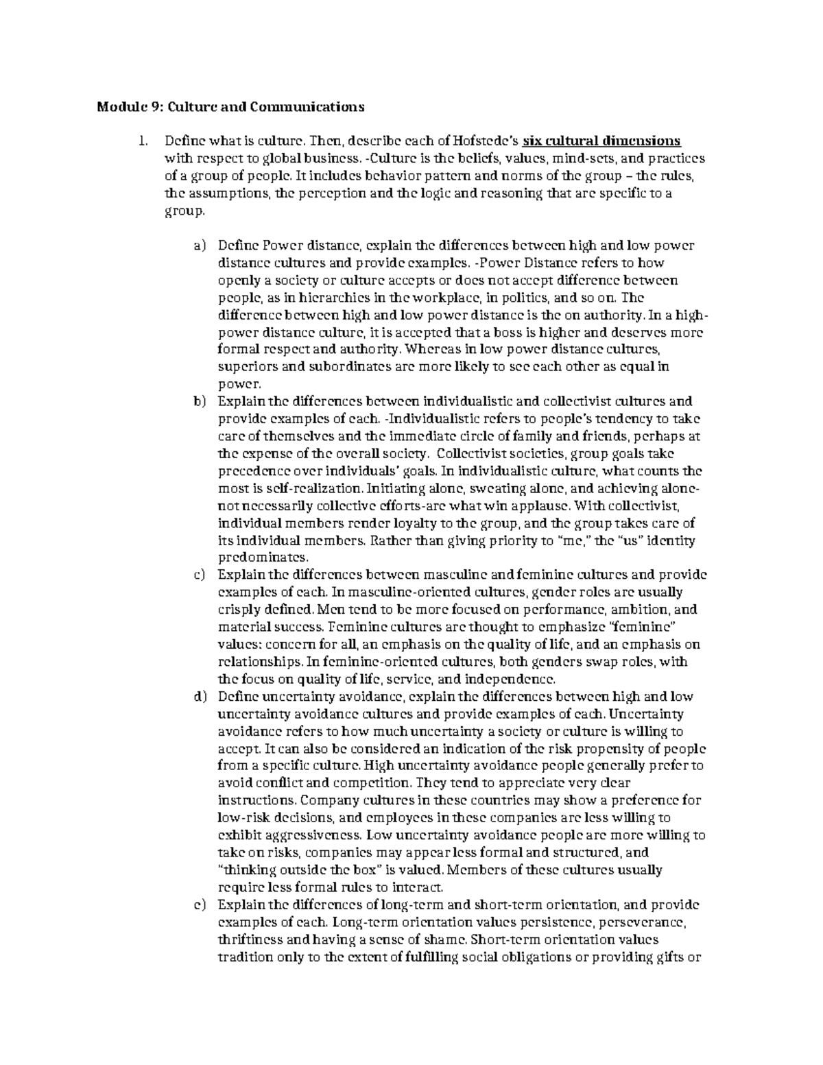 D080 Module 9 Study Guide: Cultural Dimensions in Global Business - Studocu