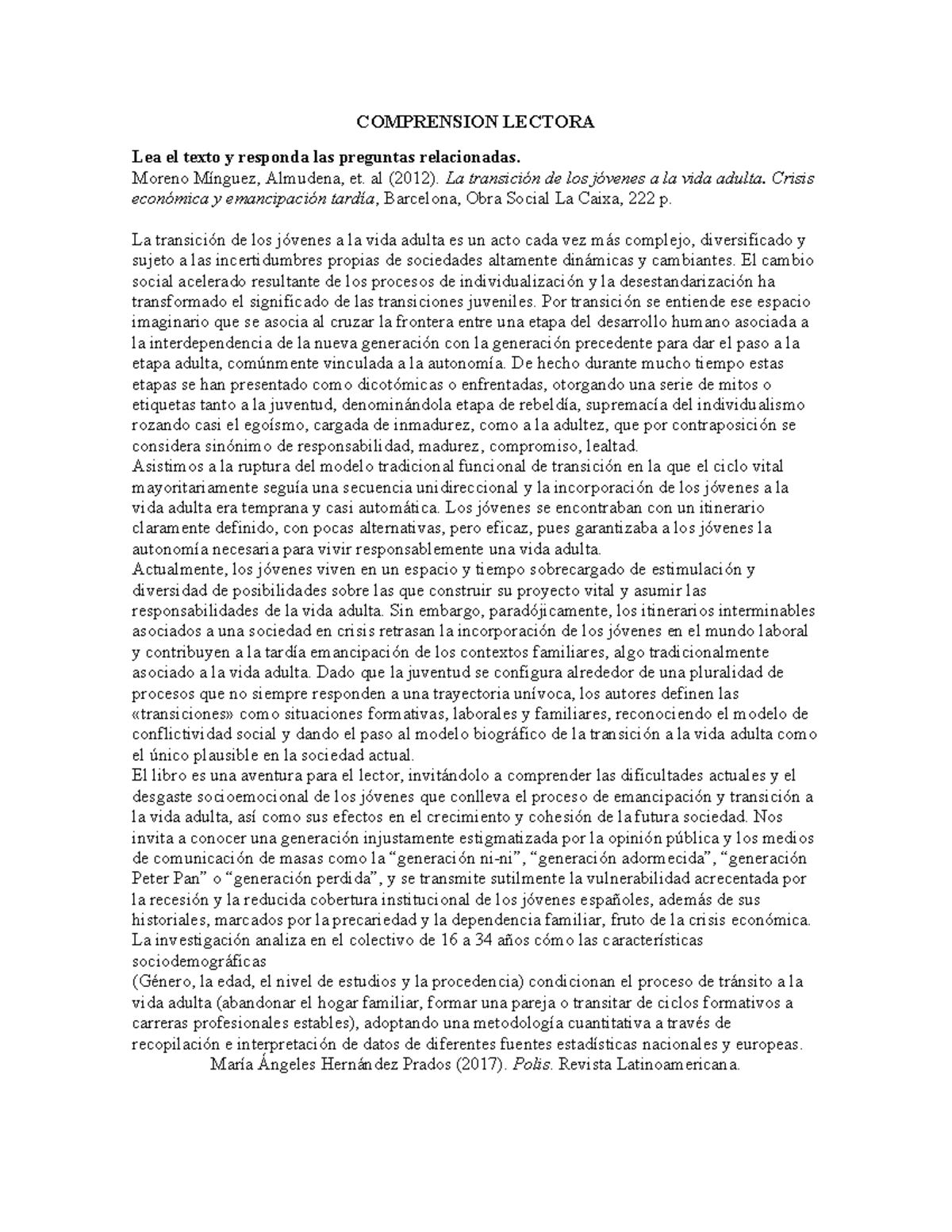 COMPRENSIÓN LECTORA: Transición a la Vida Adulta - EGEL - Studocu