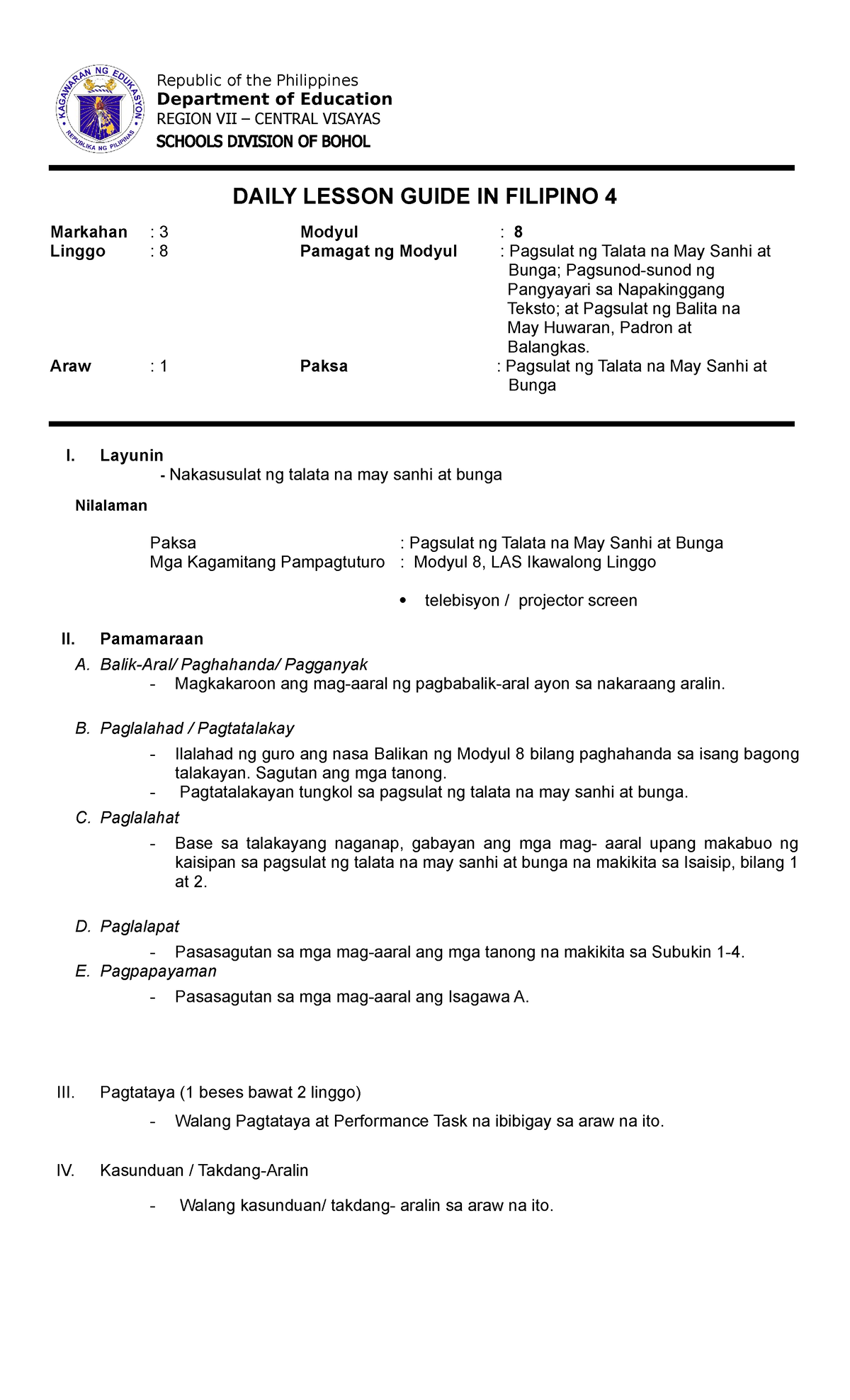 DLG Filipino 4 Q3 WK8 Day1 - DAILY LESSON GUIDE IN FILIPINO 4 Markahan : 3 Modyul : 8 Linggo : 8 ...