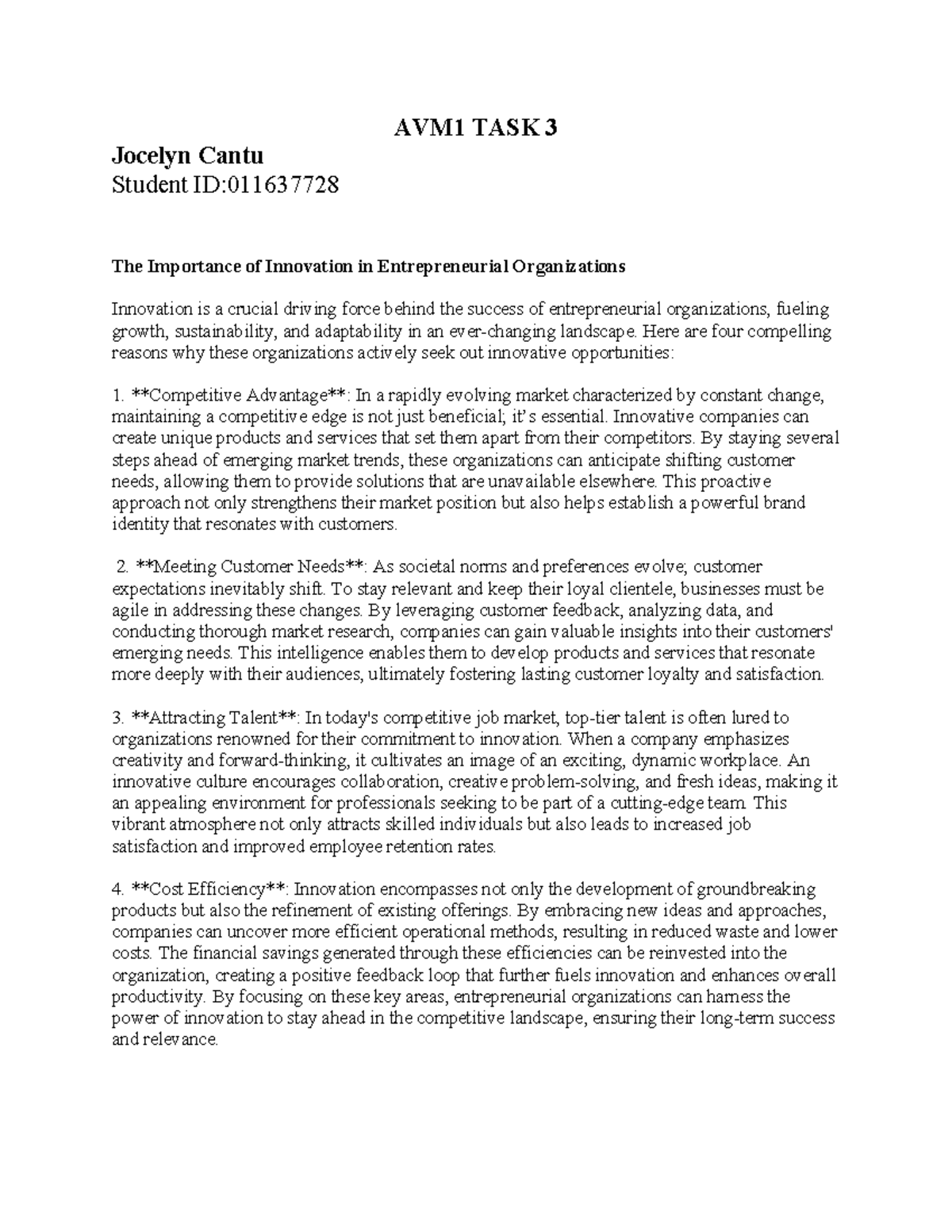 AVM1 TASK 3 - The Role of Innovation in Entrepreneurial Success - Studocu