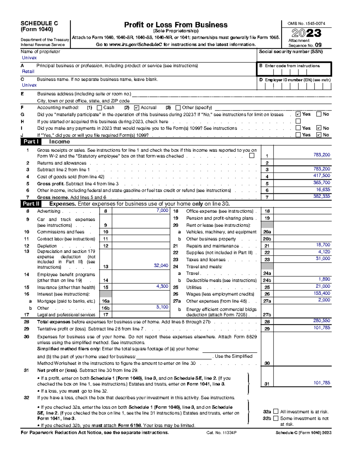 Part A, Schedule C, Form 1040 - SCHEDULE C (Form 1040) Department of ...