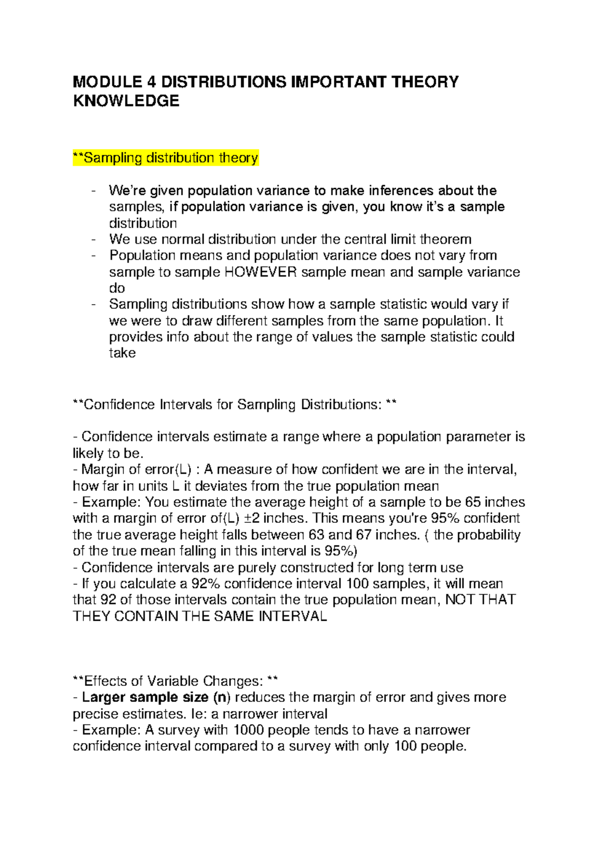 Module 4: Key Concepts in Distribution Theory and Sampling - Studocu