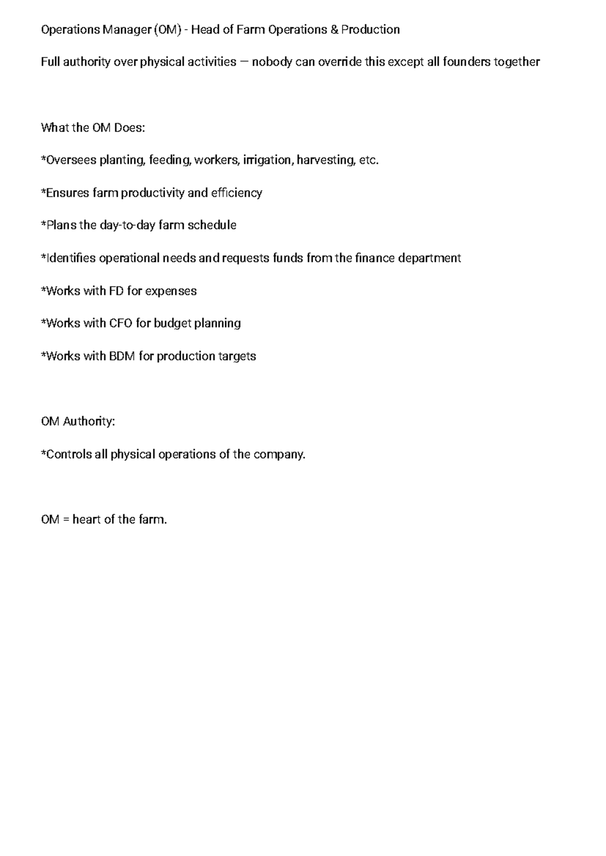 Operations Manager ROLE Description - Operations Manager (OM) - Head of ...