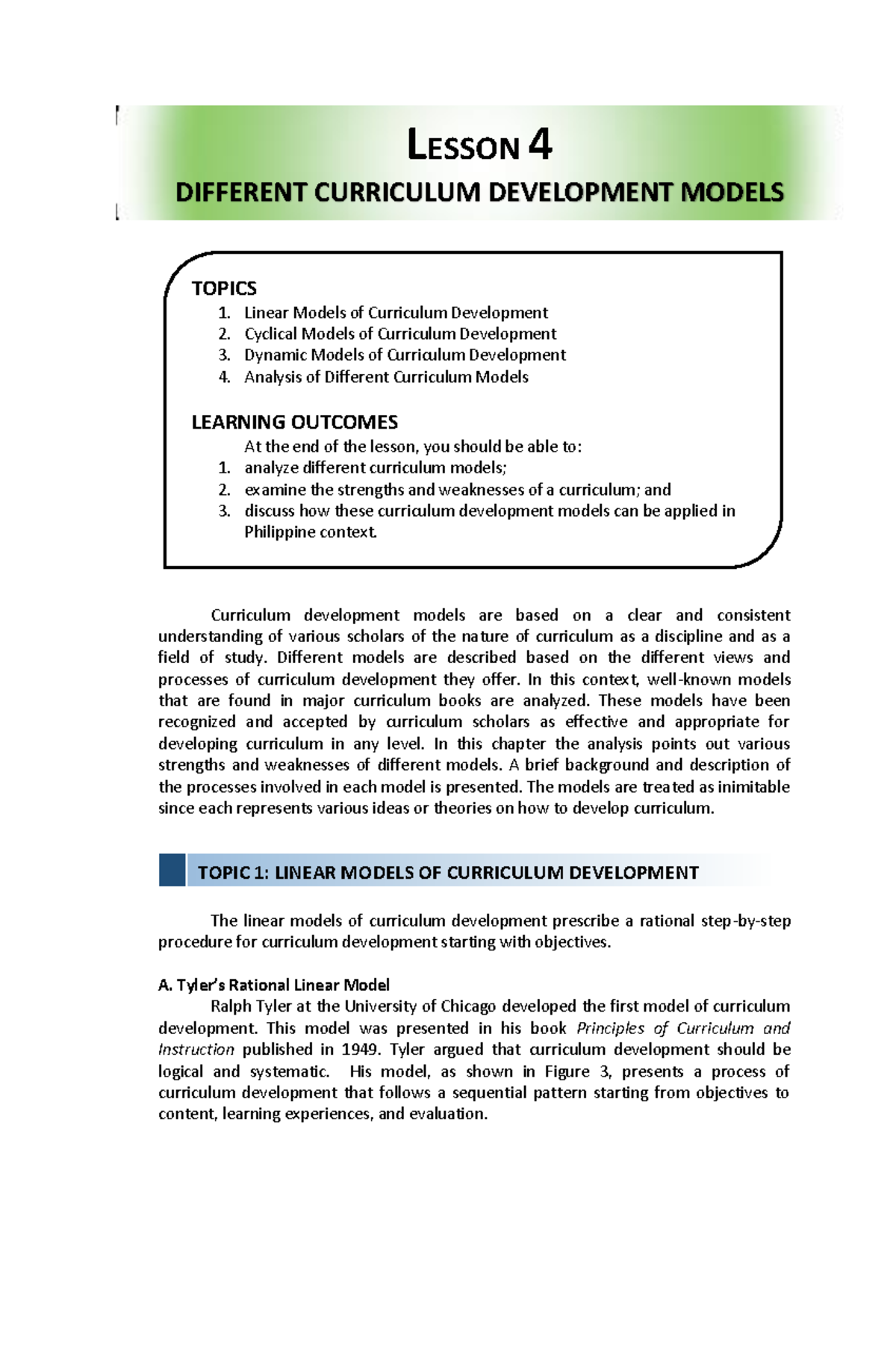 Ttsc-lesson 4 - N/A - Curriculum development models are based on a ...