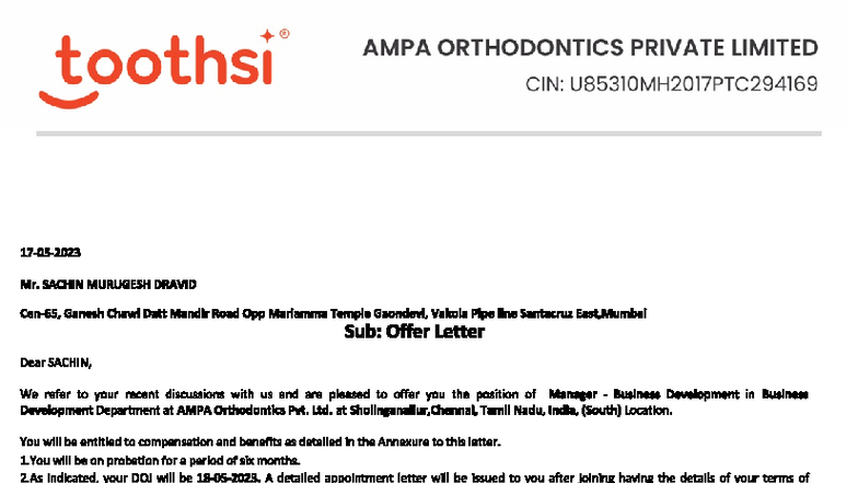 Offer Letter for Manager Business Development - AMPA ORTHODONTICS - Studocu